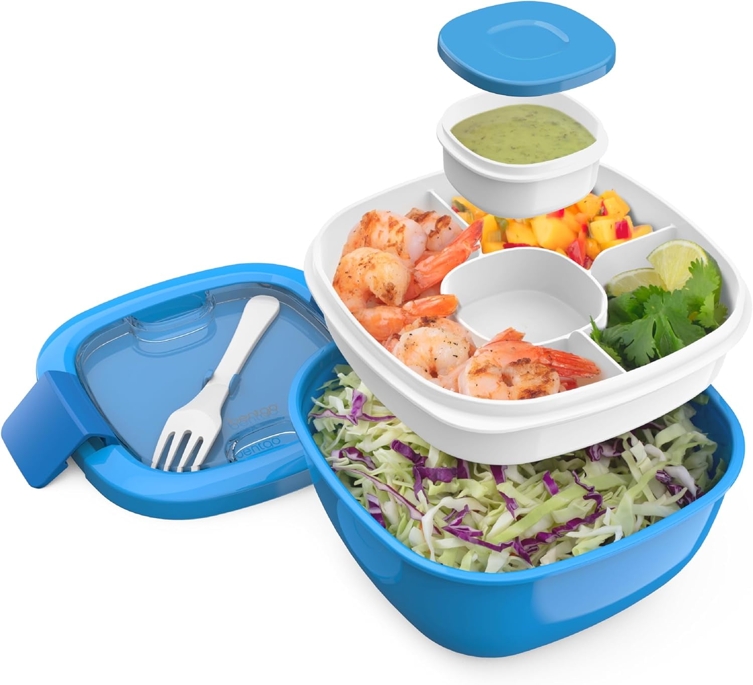 Wellsay Salad Container - 54 oz Bowl with 4-Compartment Toppings Tray ...