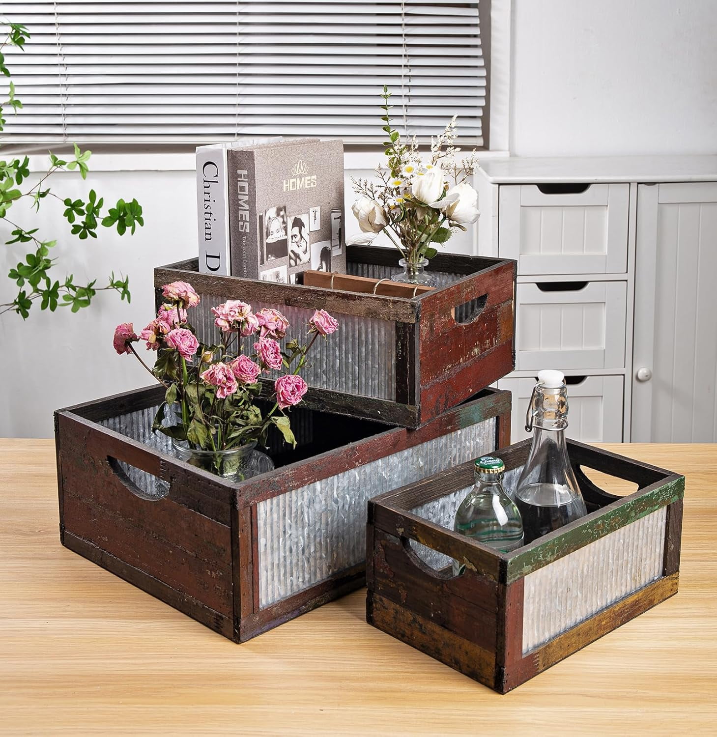 Wellsay Set of 3 Nesting Wooden Crates, Rustic Wooden Storage Container ...