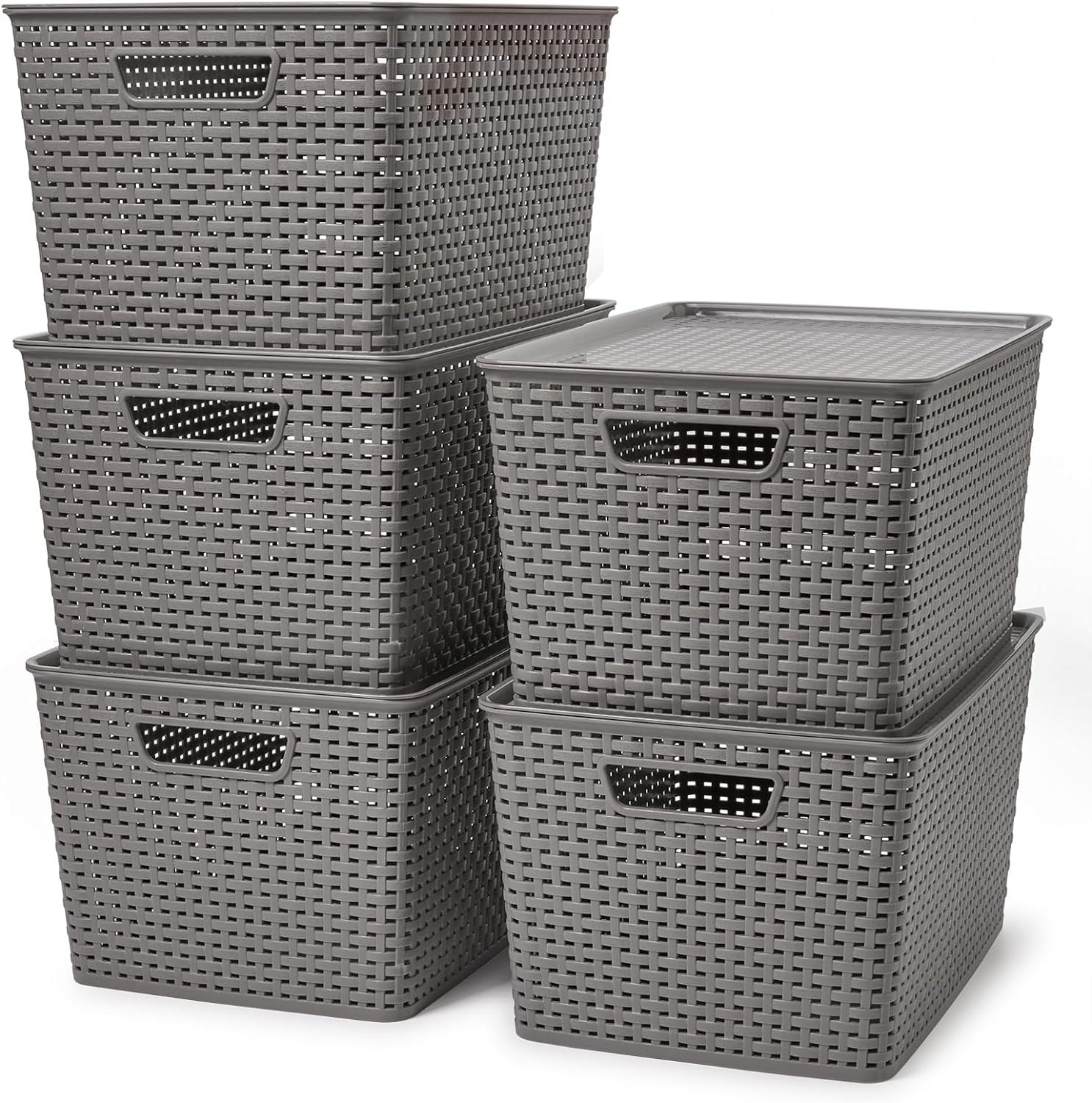 Wellsay Set of 5 Lidded Storage Bins, 18 Quarts Large Plastic Stackable ...
