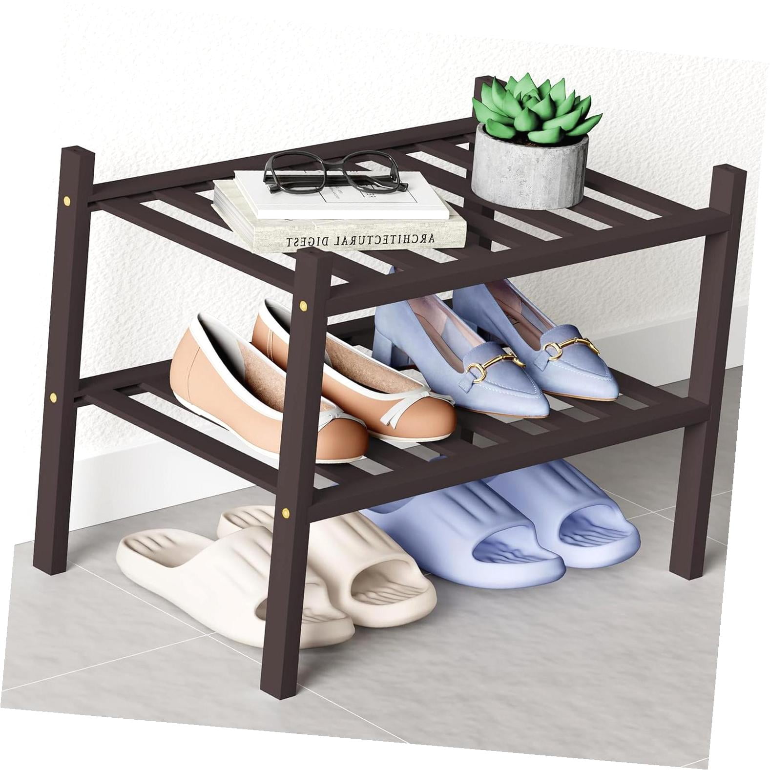 Wellsay Shoe Rack for Closet, 2 Tier Small Wooden Stackable Shoe ...