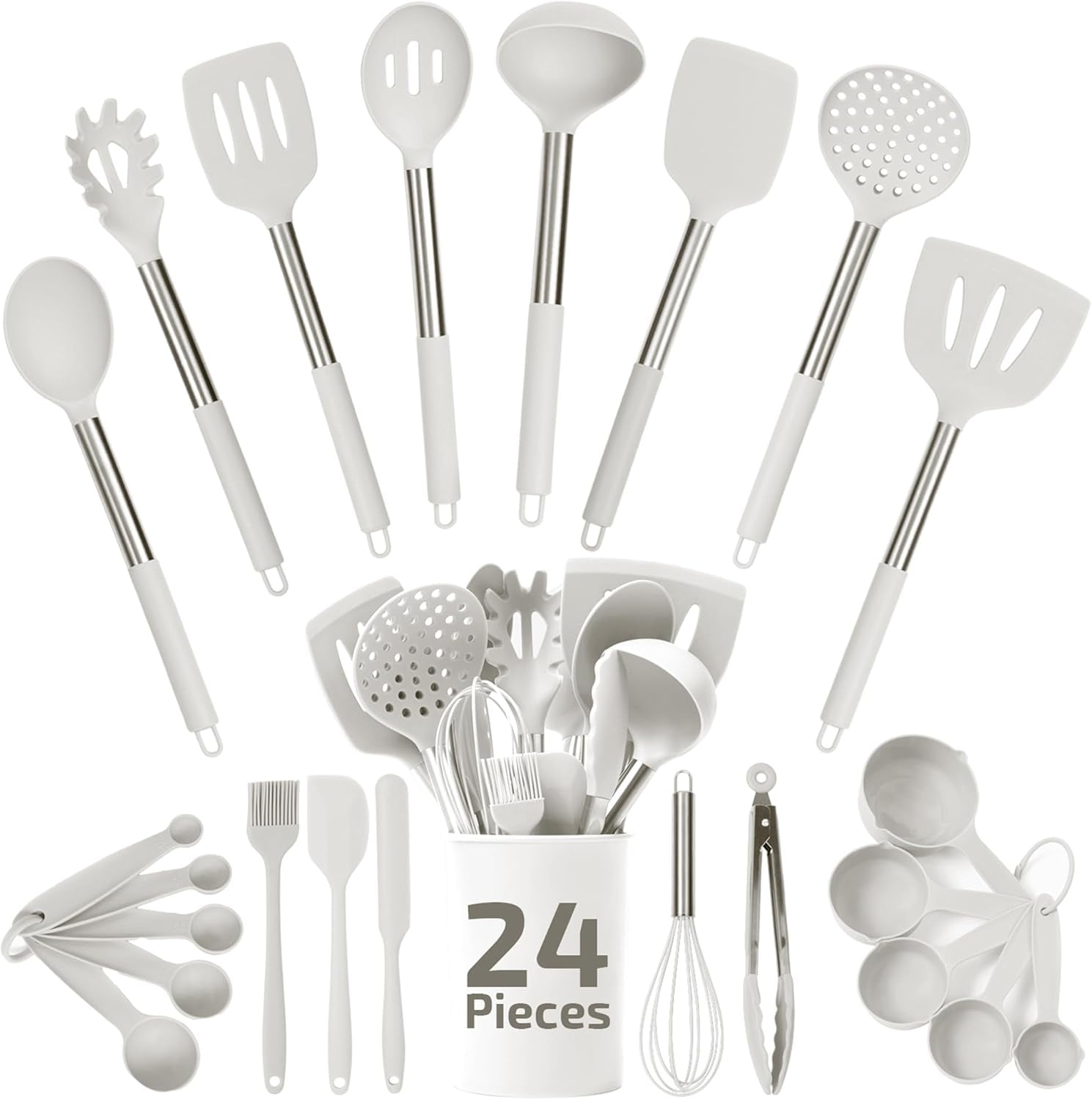 Wellsay Silicone Kitchen Utensils Set - 24-Pieces White Silicone Coo ...