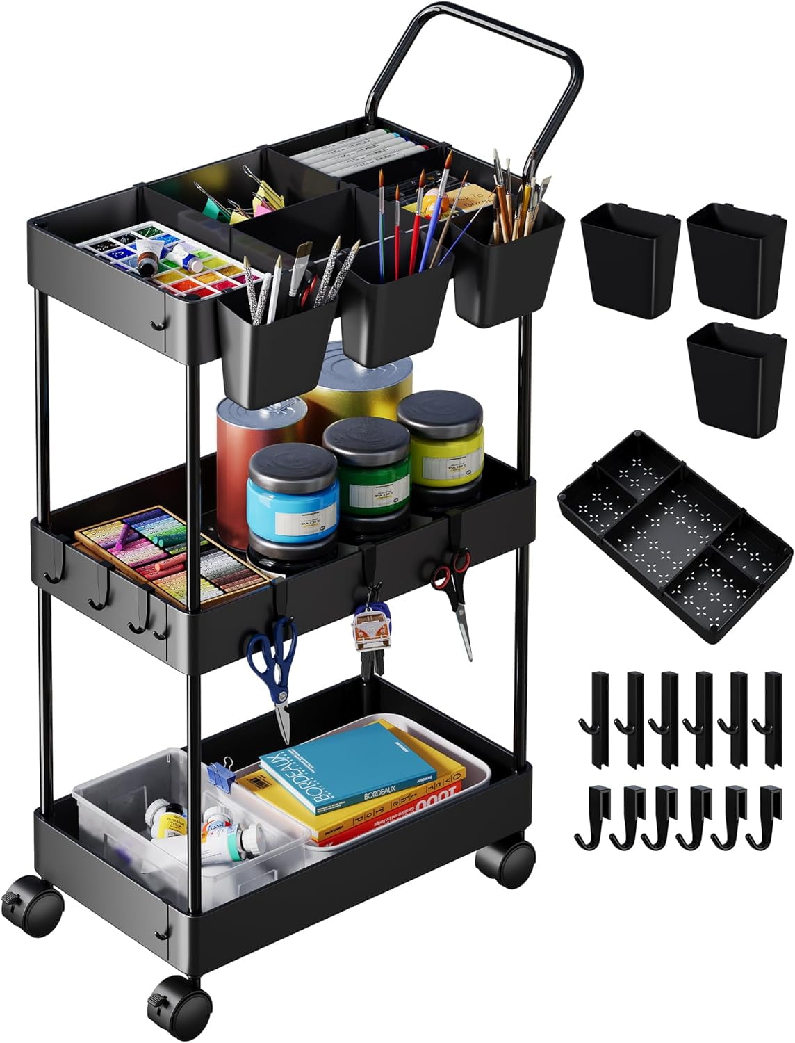Wellsay Slim Storage Cart, Black 3 Tier Narrow Rolling Cart with Wheels ...