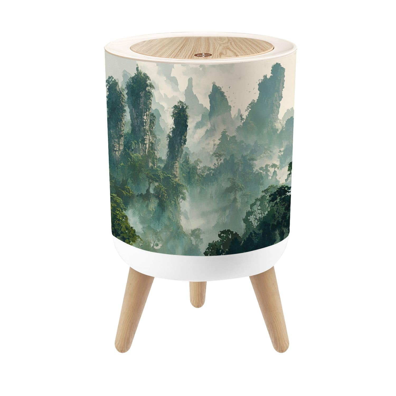 Wellsay Small Trash Can with Lid Misty Ancient Forest Watercolor Art ...