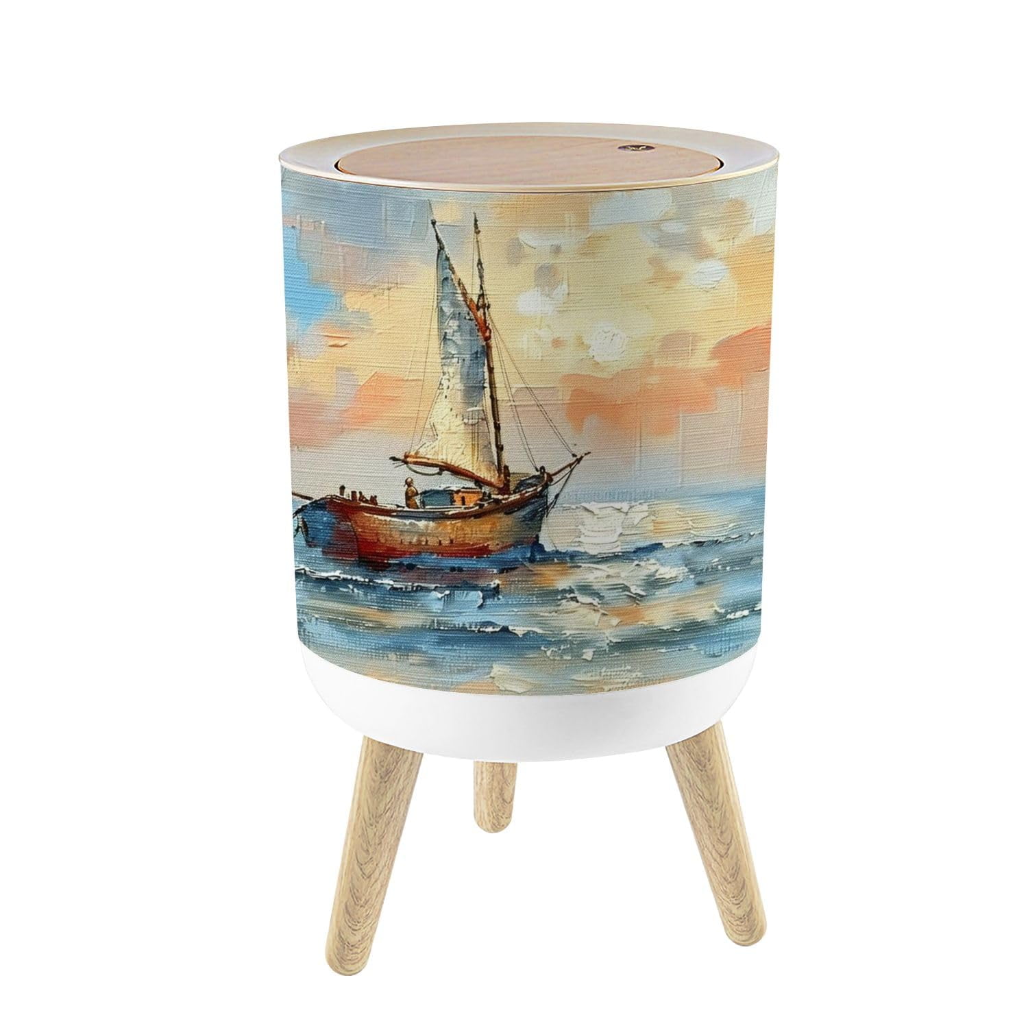 Wellsay Small Trash Can with Lid sherman boat paintings oil shing ocean ...