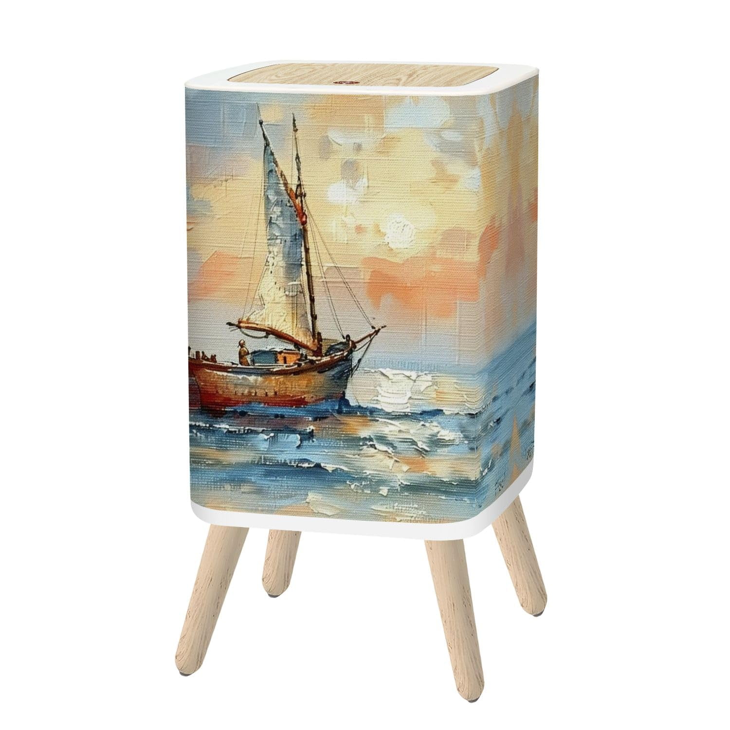 Wellsay Small Trash Can with Lid sherman boat paintings oil shing ocean ...