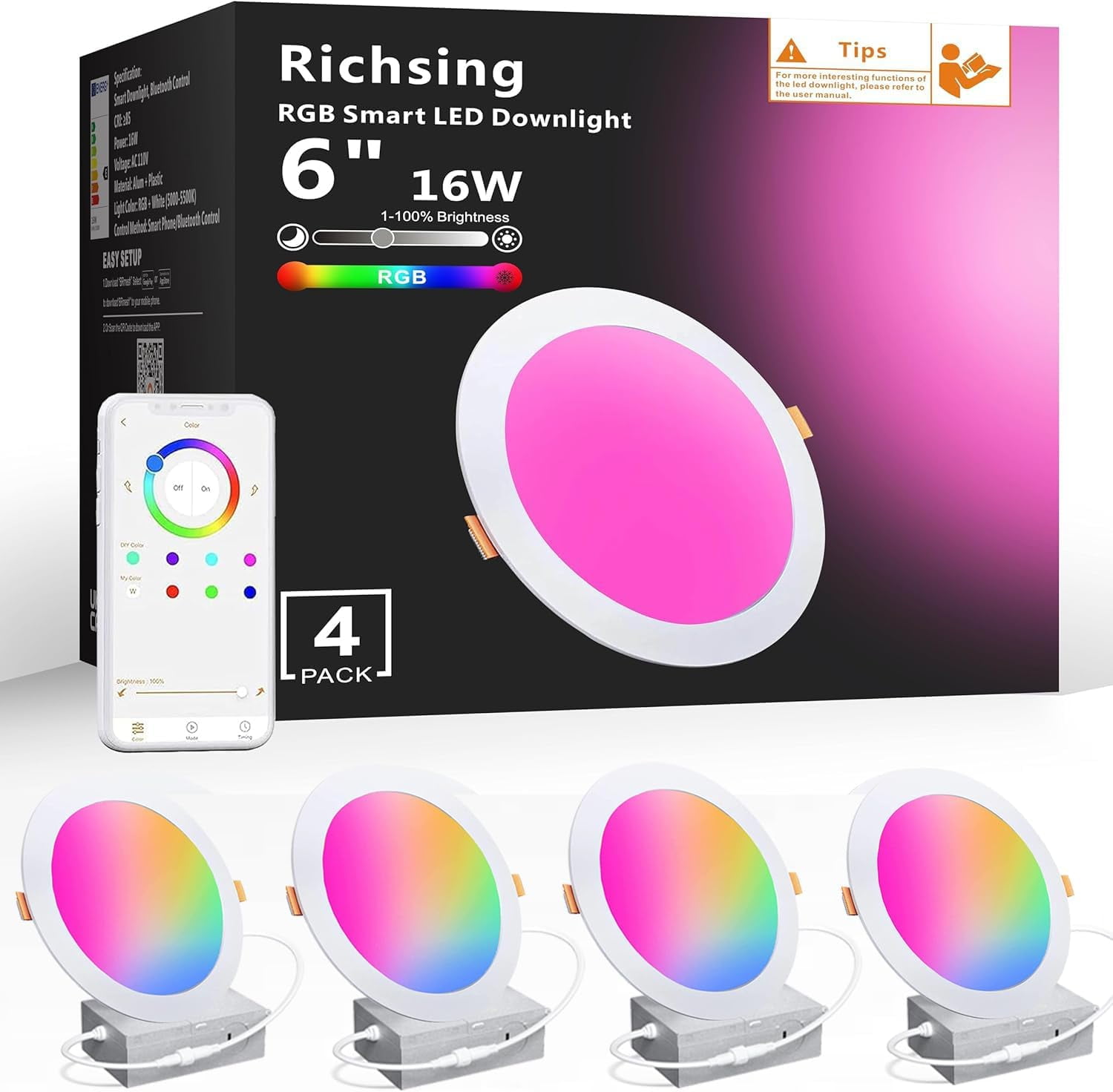 Wellsay Smart Recessed Lighting 6 inch RGBCW Color Changing 16W LED ...