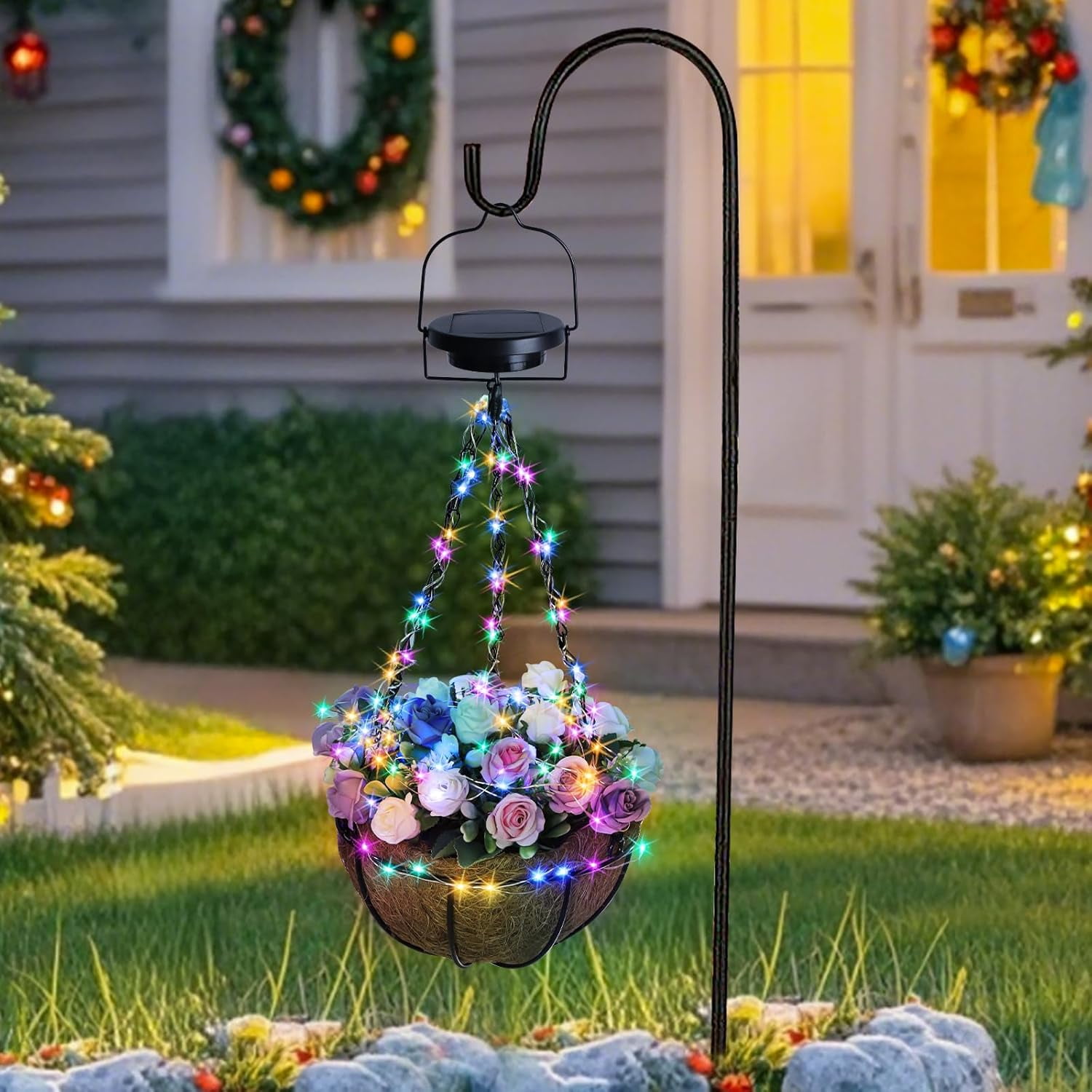 Wellsay Solar Hanging Articial Flower Basket: Lighted Fake Hanging ...