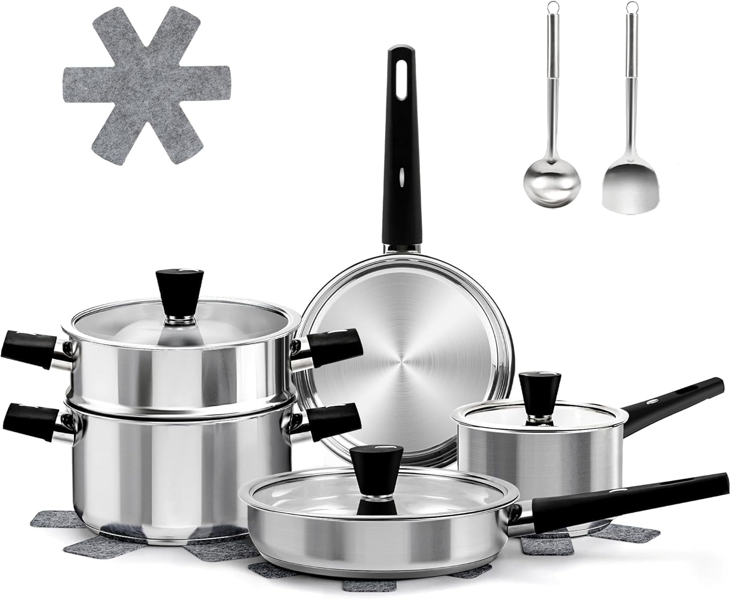 Wellsay 𝐋𝐀𝐓𝐄𝐒𝐓 Stainless Steel Cookware Set Non Toxic, 14PCs Stainless ...