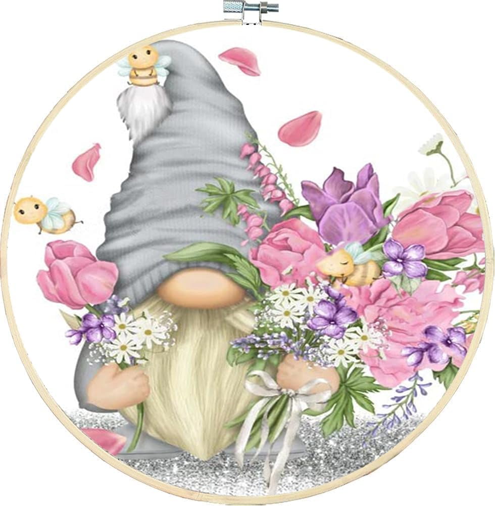 Wellsay Stamped Cross Stitch Kits with Frame - Gnome Flower Embroidery ...