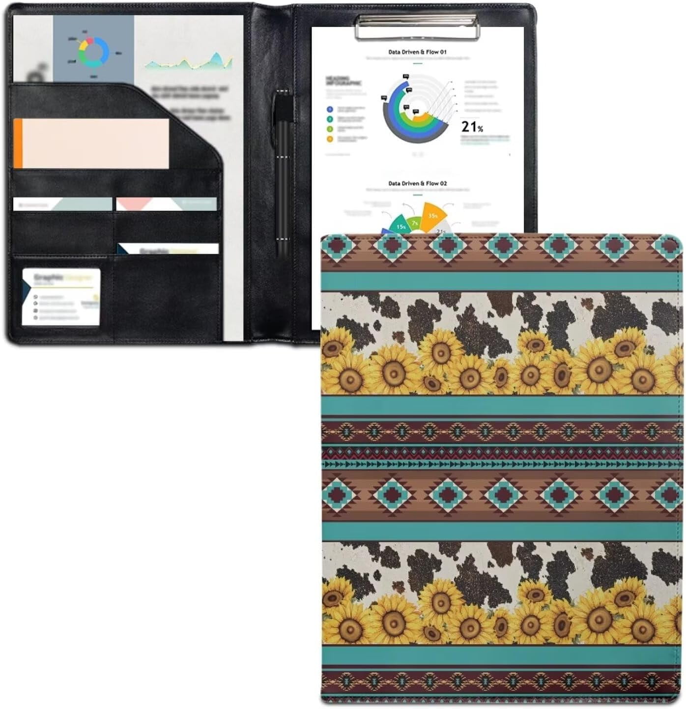 Wellsay Sunflower Aztec Cow Print Padfolio for Women Resume Portfolio ...