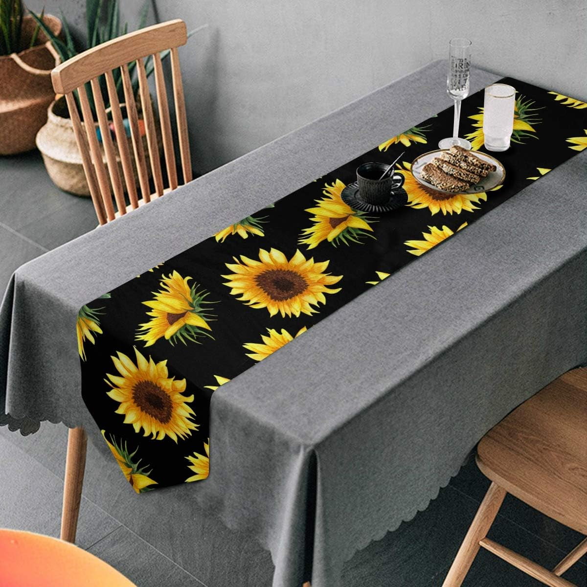 Wellsay Sunflower Black Cool Table Runner Dining Table Decor 13" × 70 ...