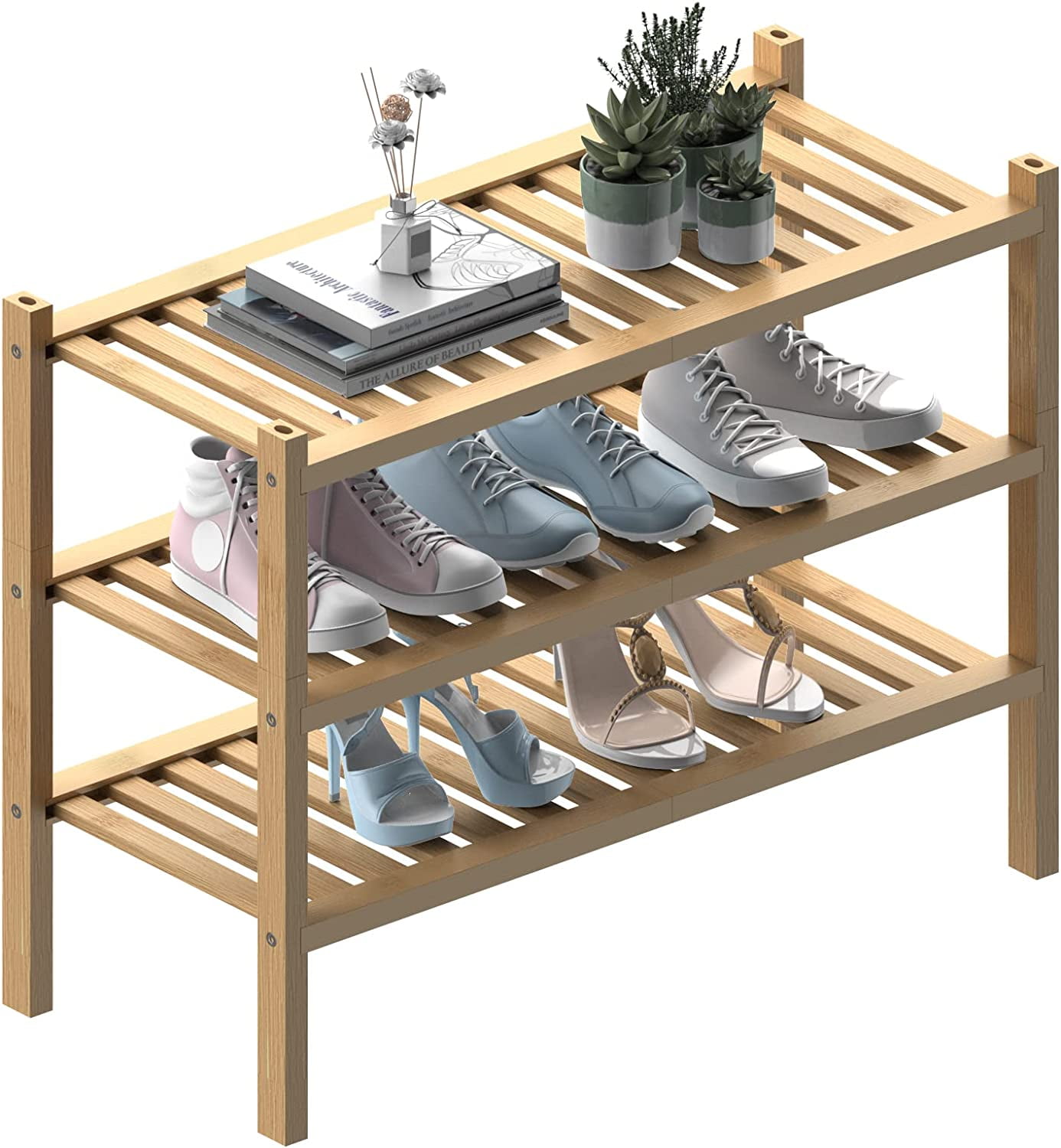 Wellsay (Thick Bamboo Shoe Rack for Entryway, 3-Tier Free Standing Shoe ...