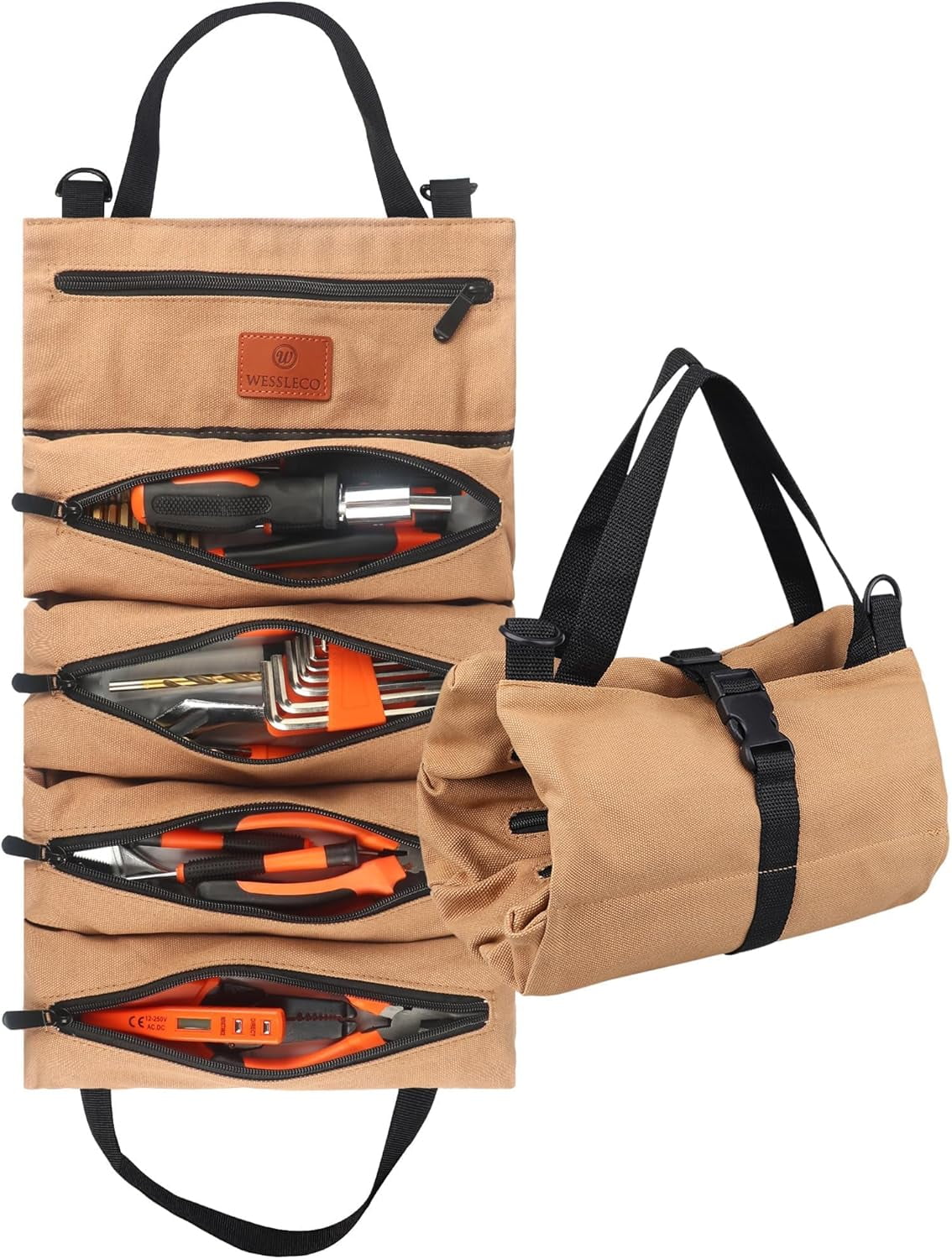 Wellsay Tool Roll Organizer, Wrench Roll Up Pouch Bag with 5 Zir ...