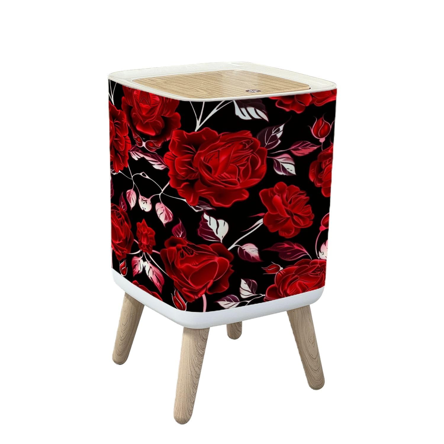 Wellsay Trash Can with Lid Red Roses Black Seamless Pattern Garbage Can ...