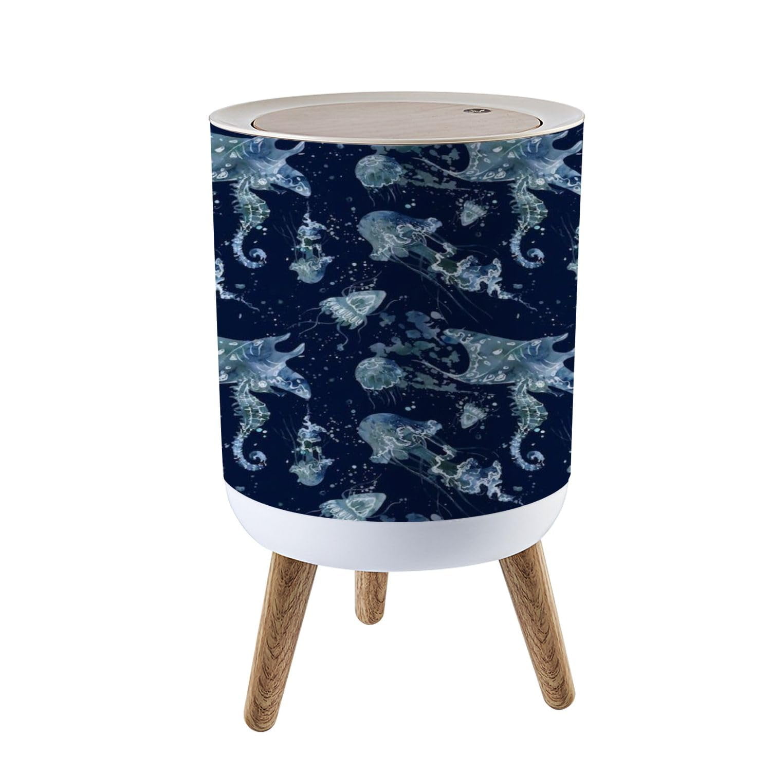 Wellsay Trash Can with Lid Watercolor ink hand drawn marine life sea ...