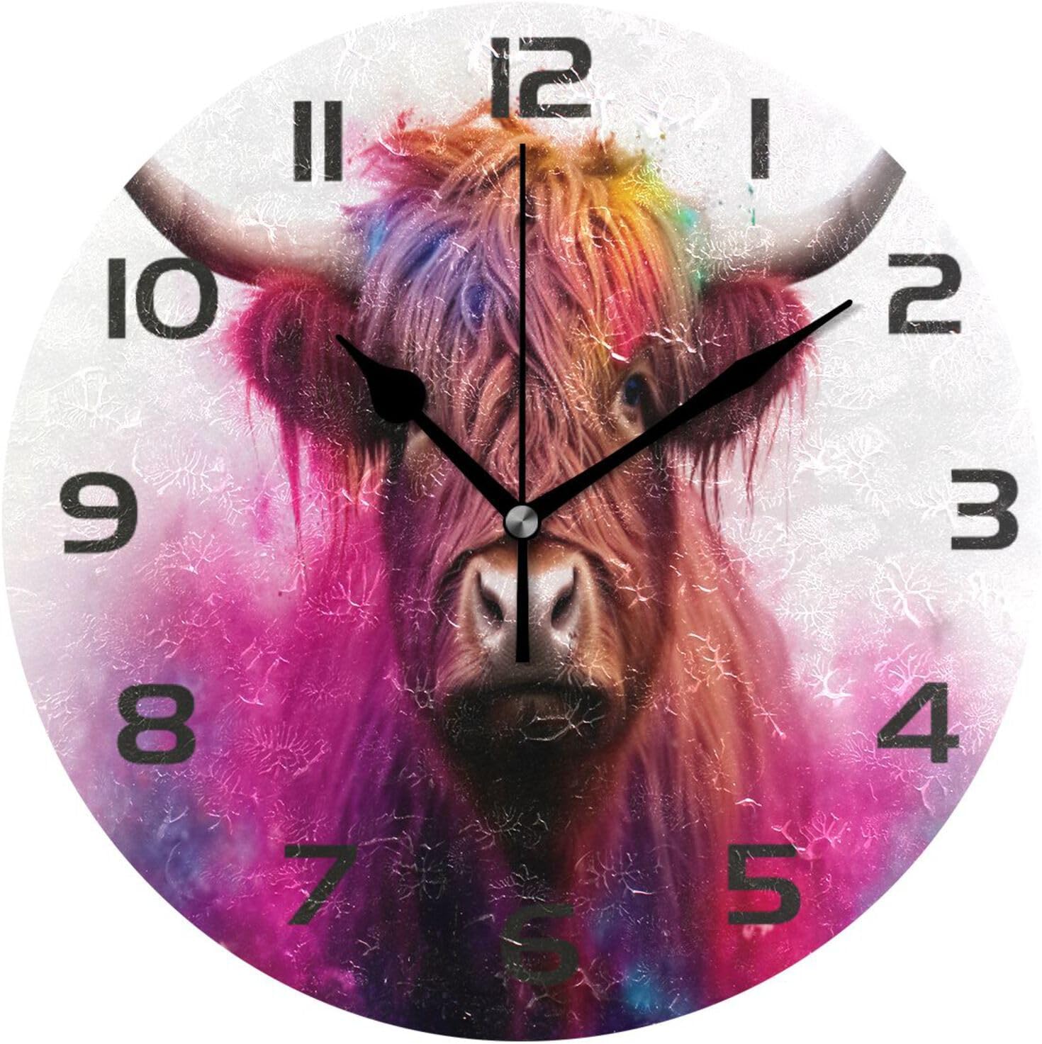 Wellsay Wall Clock Highland Cow 10 Inch Silent Non Ticking Quality ...