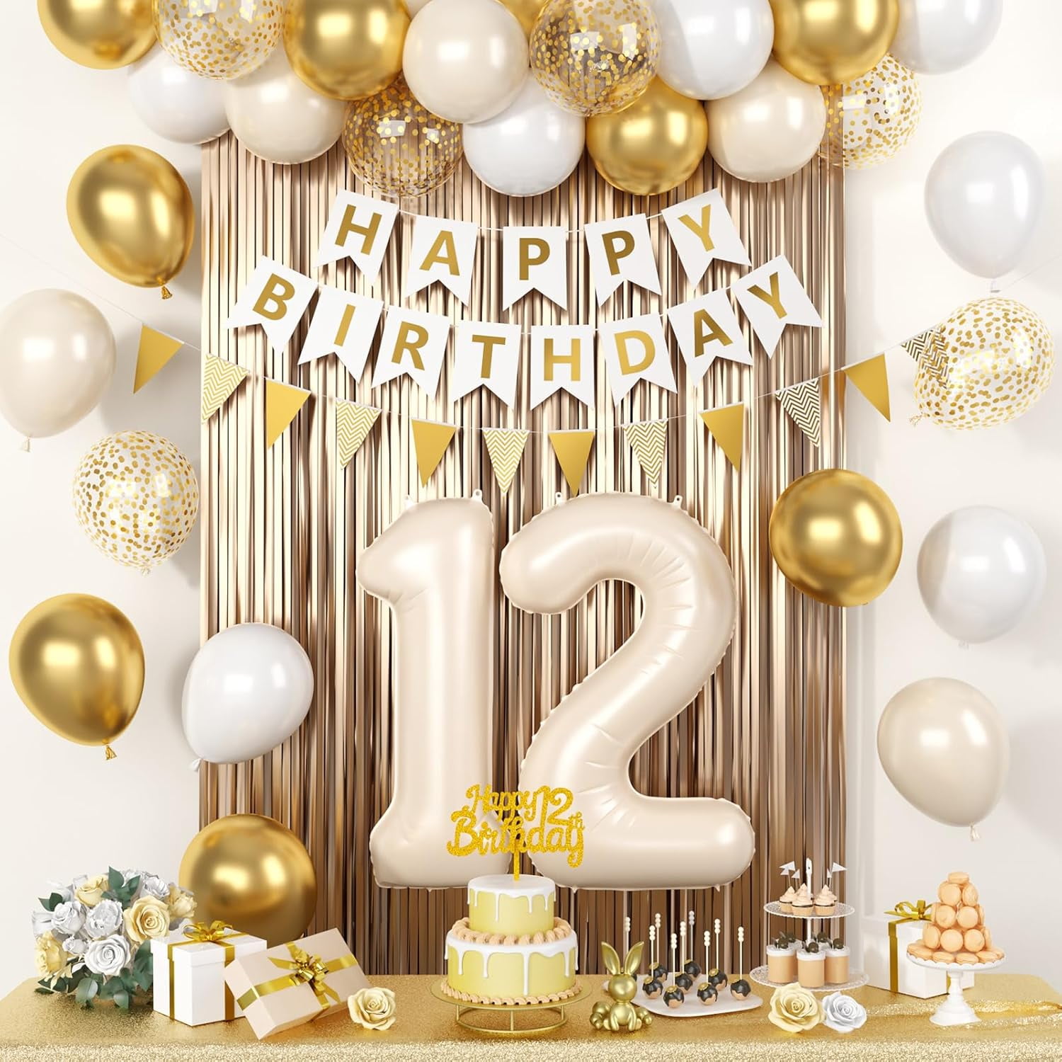 Wellsay White Gold Birthday Decorations, 12th Happy Birthday Party ...