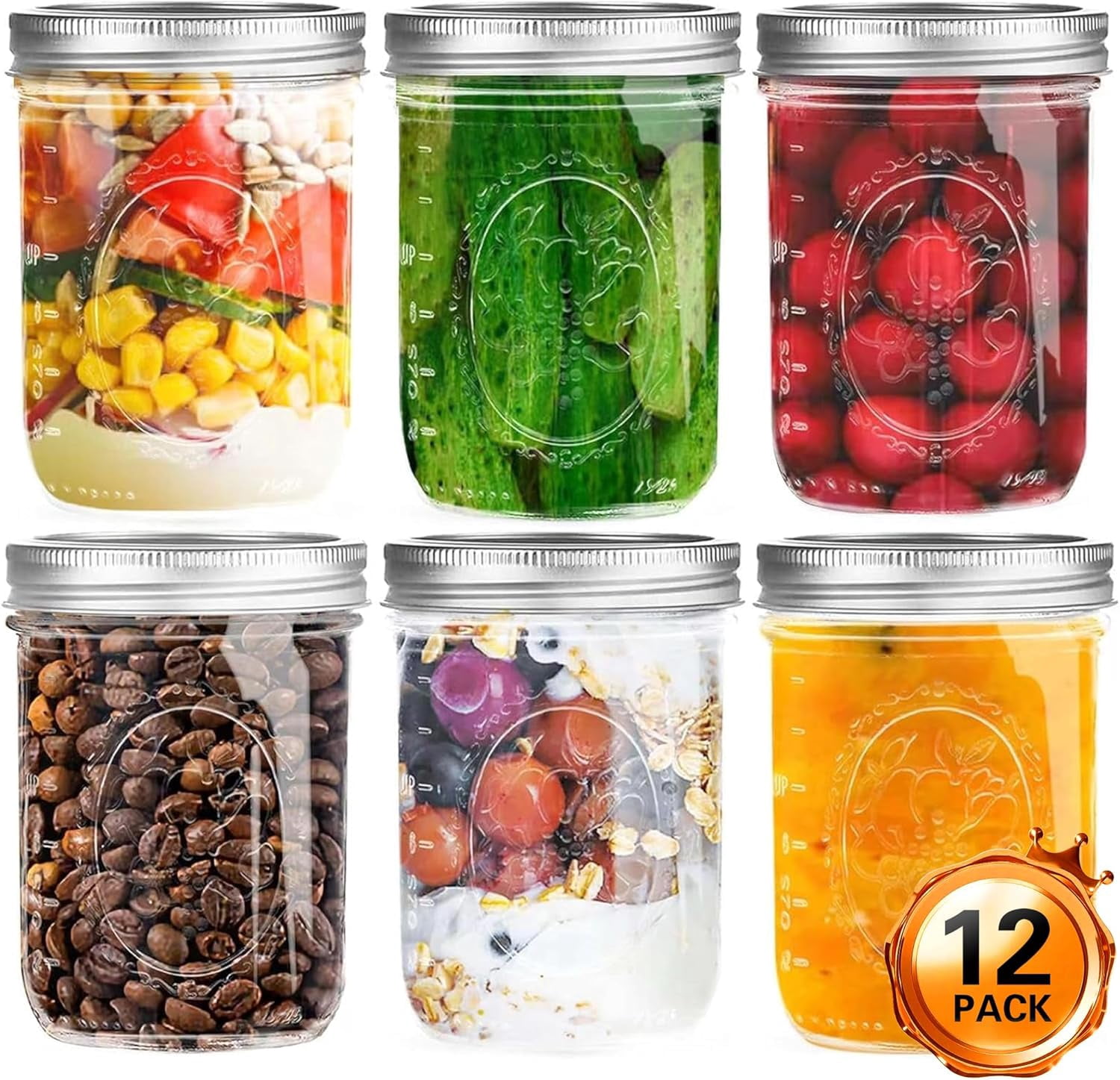 Wellsay Wide Mouth Mason Jars 16 oz with Lids [12 Pack], Canning Jars ...