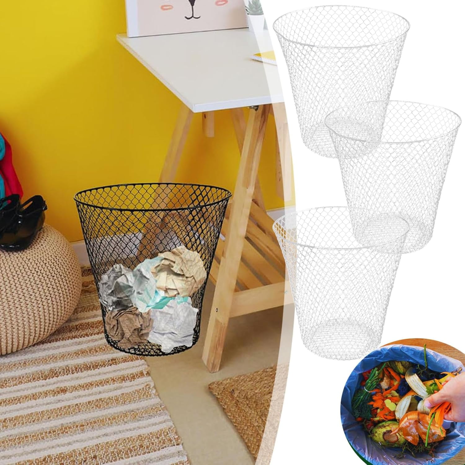 Wellsay Wire Mesh Round Waste Basket Wire Mesh Trash Can Wire Mesh ...