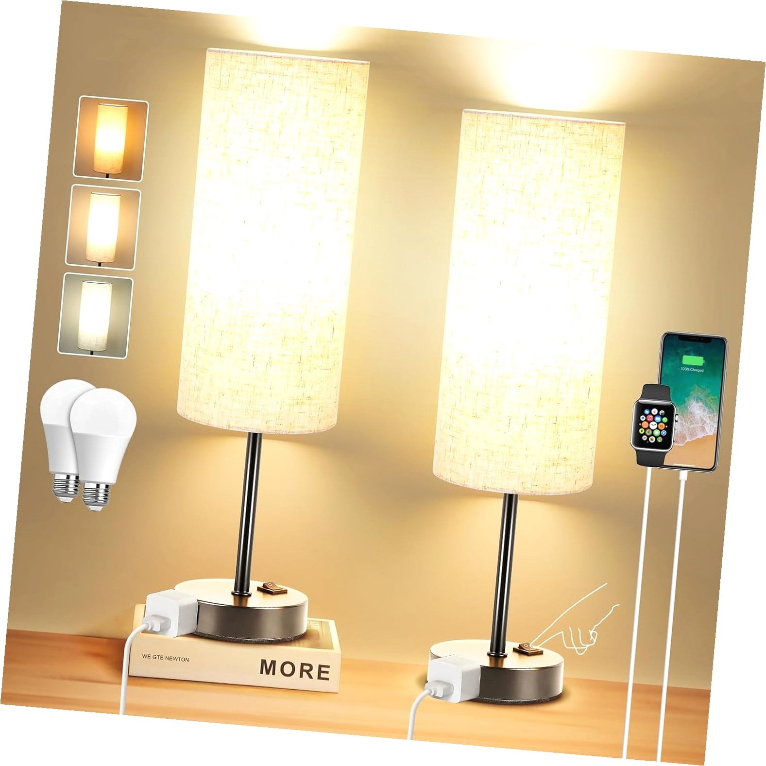 Wellsay for Bedroom Set of 2, Bedside Small Lamps with 3 Way Dimmable ...