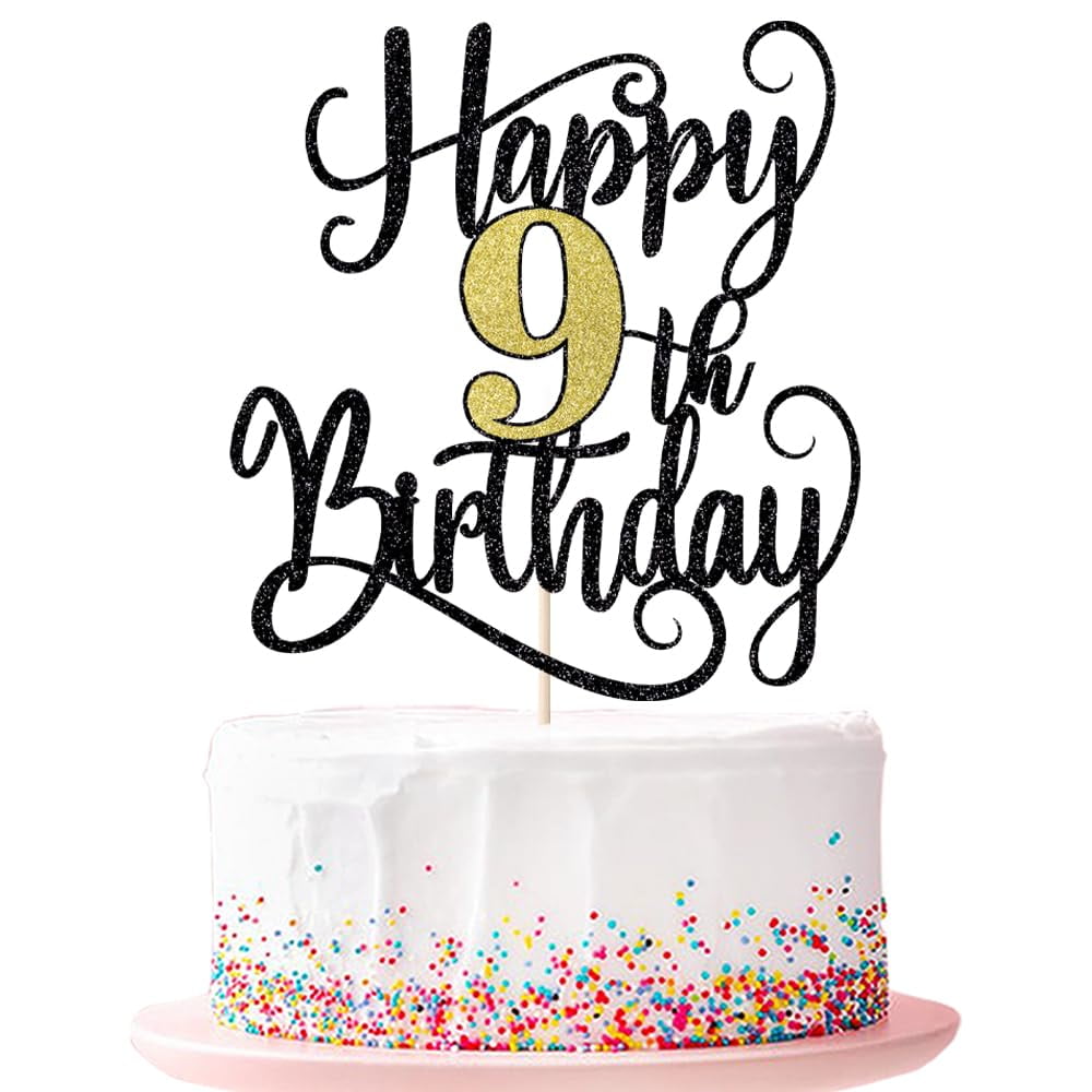 Wellsay happy 9th birthday cake tor， 9 birthday party cake decorations (Black and gold flashes ...
