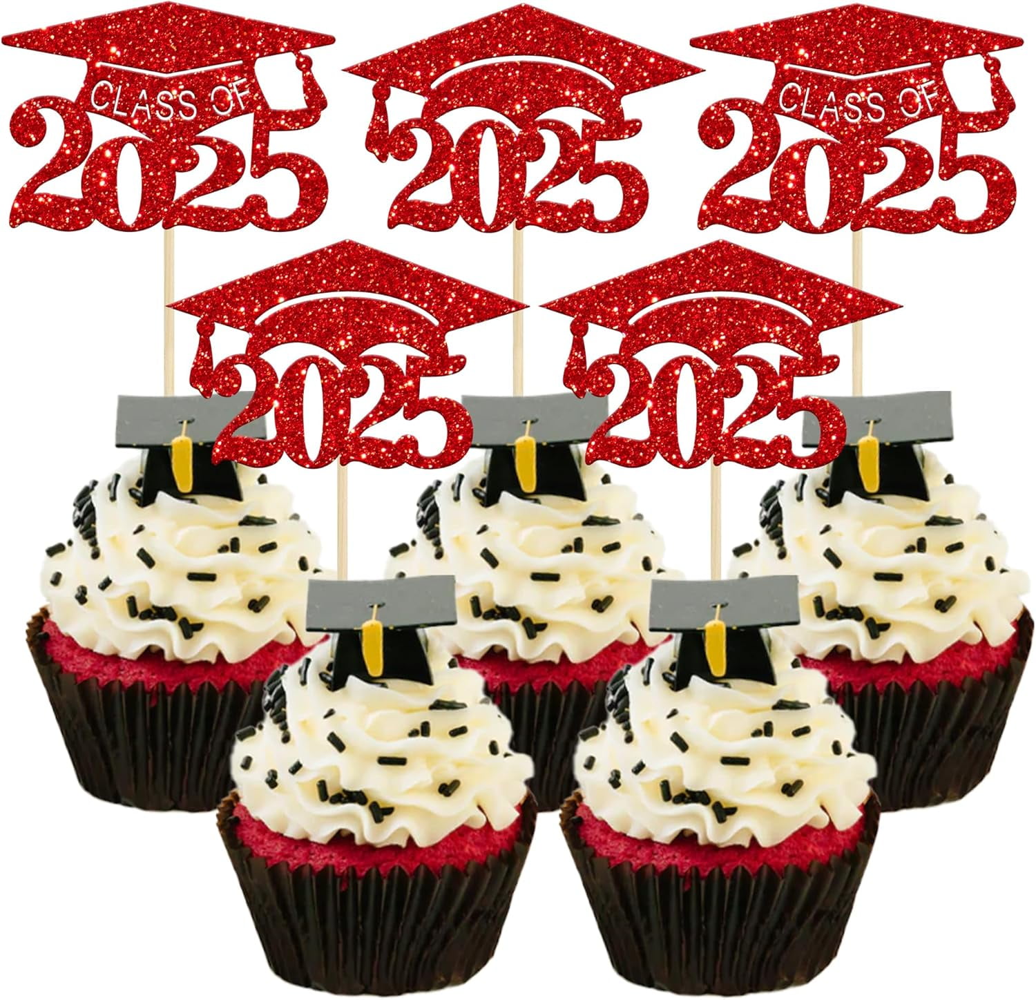 Wellsay use 24 Pack 2025 Graduation Cap Cupcake Tors Red Glitter Class of 2025 Congrats Grad Cap ...