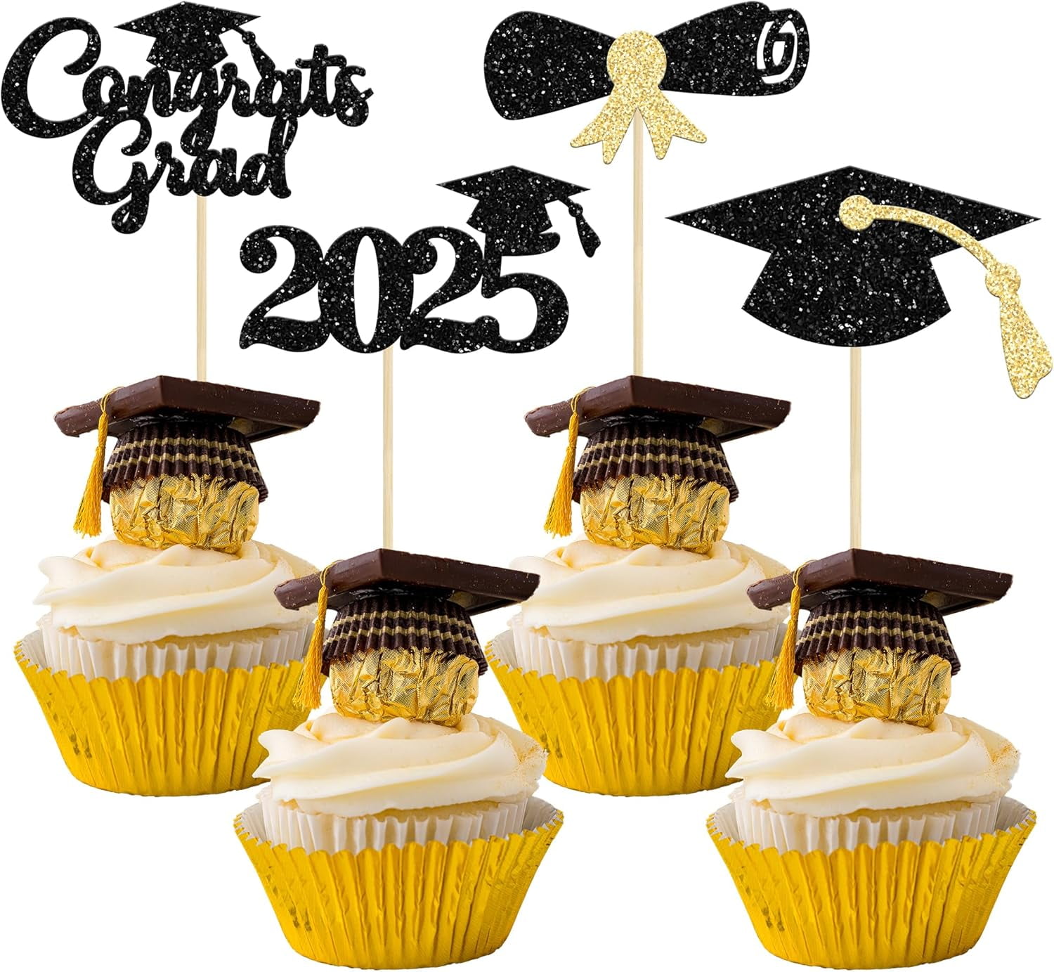 Wellsay use 24Pcs 2025 Graduation Cupcake Tors Glitter Class of 2025 Graduation Cap Diploma ...