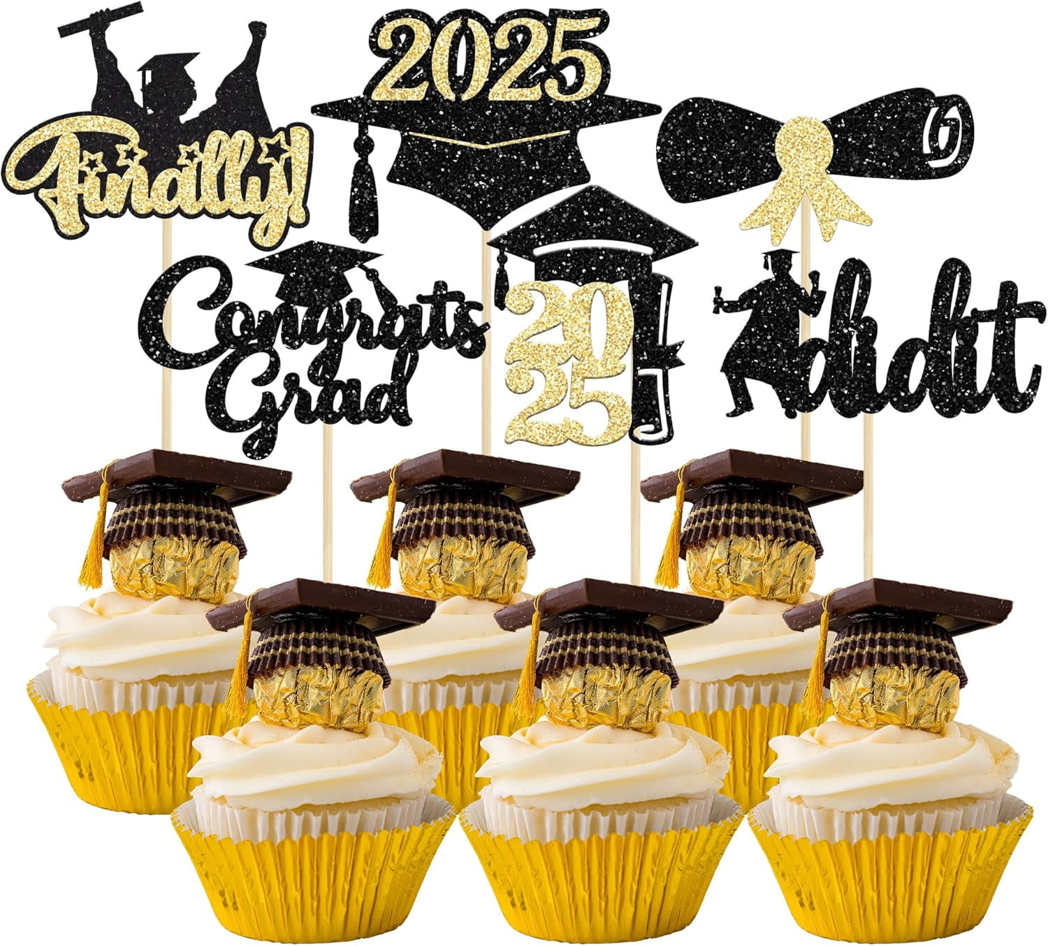 Wellsay use 24Pcs Black Gold Glitter 2025 Graduation Theme Cupcake Tors Glitter Class of 2025 ...