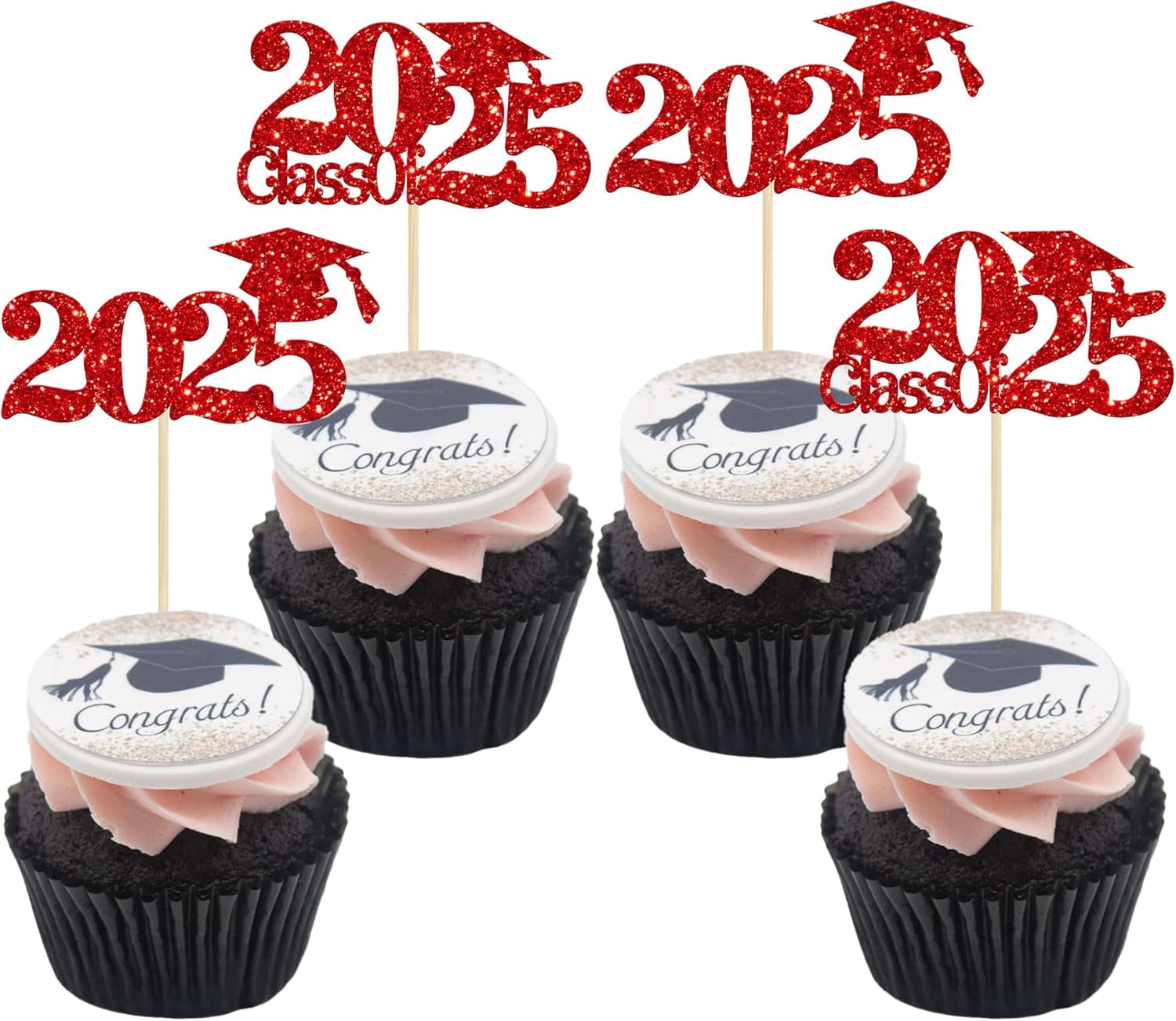 Wellsay use 24Pcs Class of 2025 Cupcake Tors Red Glitter Graduation ...