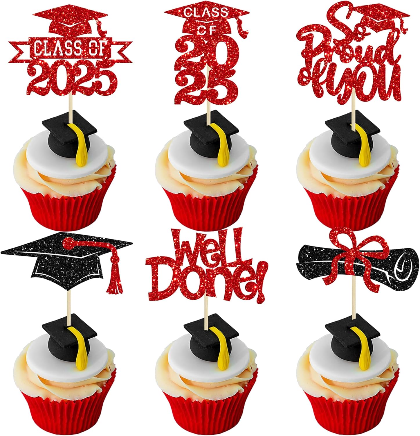 Wellsay use 24Pcs Congrats Grad 2025 Cupcake Tors Glitter 2025 ...