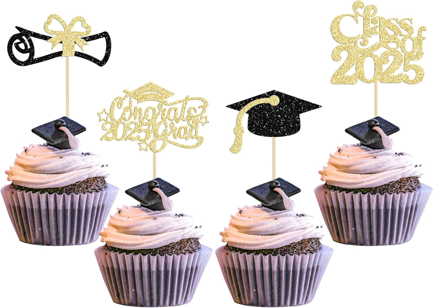 Wellsay use 24Pcs Congrats Grad 2025 Cupcake Tors Gold Glitter Class of 2025 Cake Tors Diploma ...