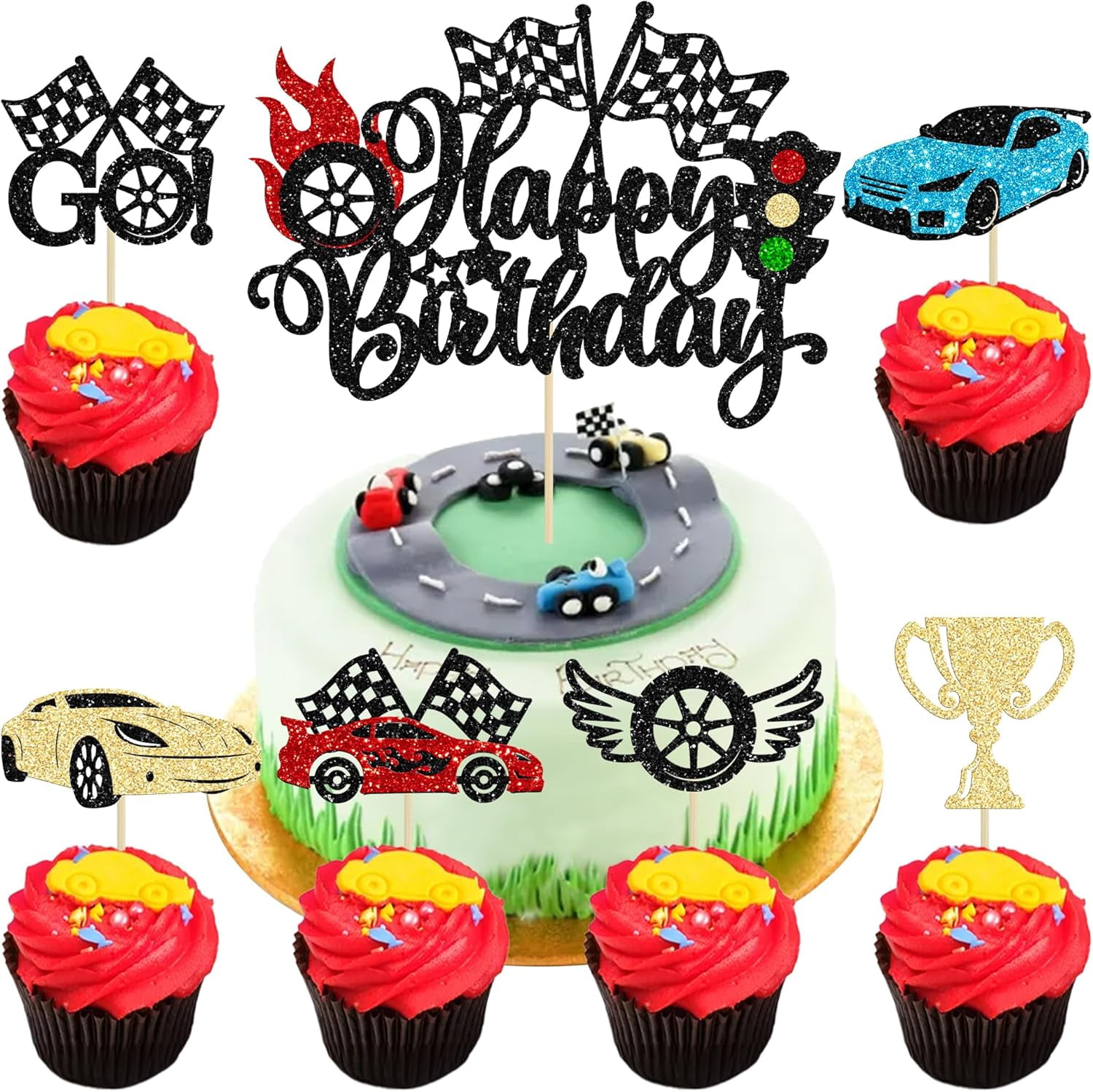 Wellsay use 25Pcs Happy Birthday Cake Tor Race Car Cupcake Tors Racing Theme Cake Decoration for ...