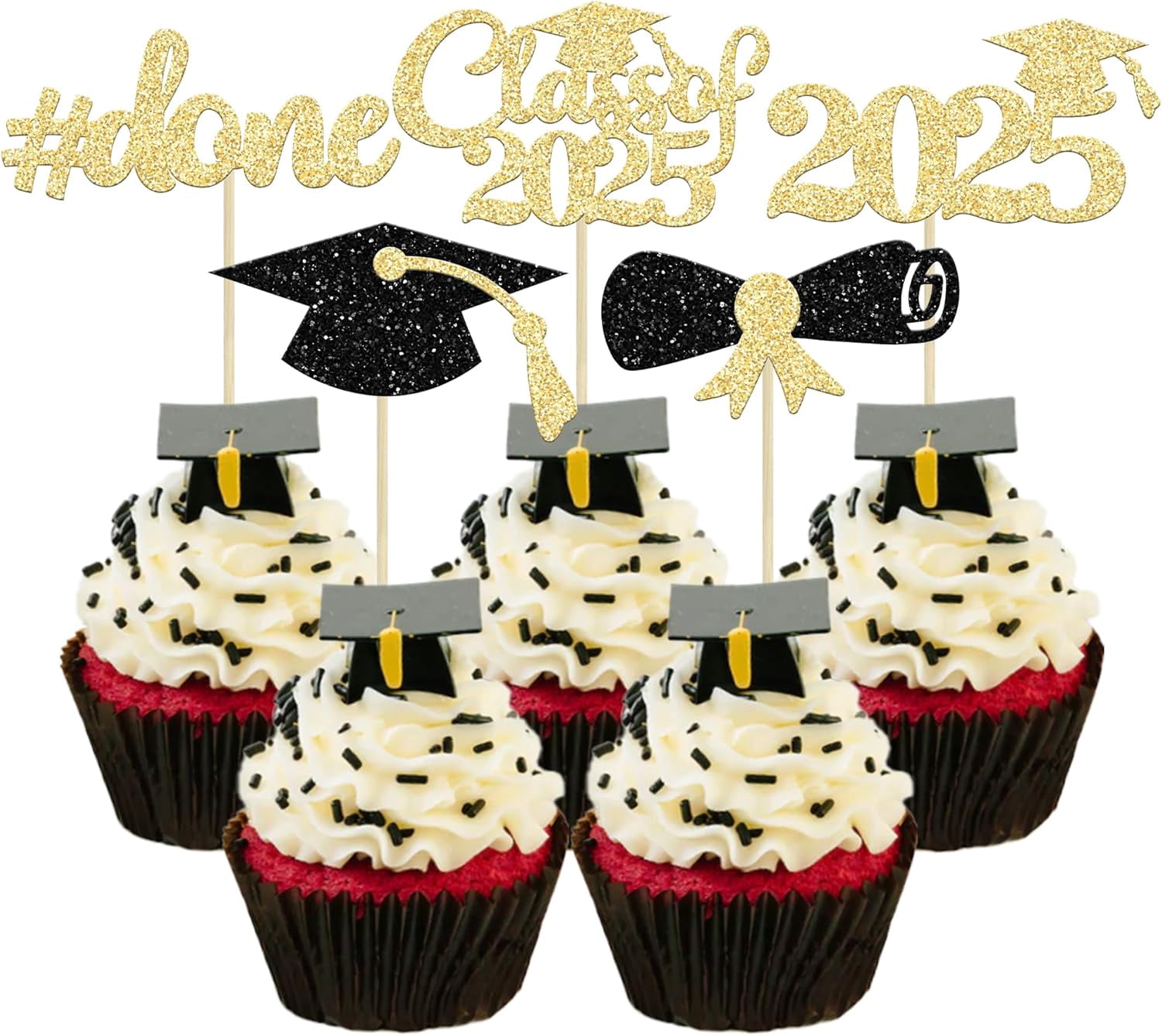 Wellsay use 30Pcs 2025 Graduation Cupcake Tors Gold and Black Glitter ...