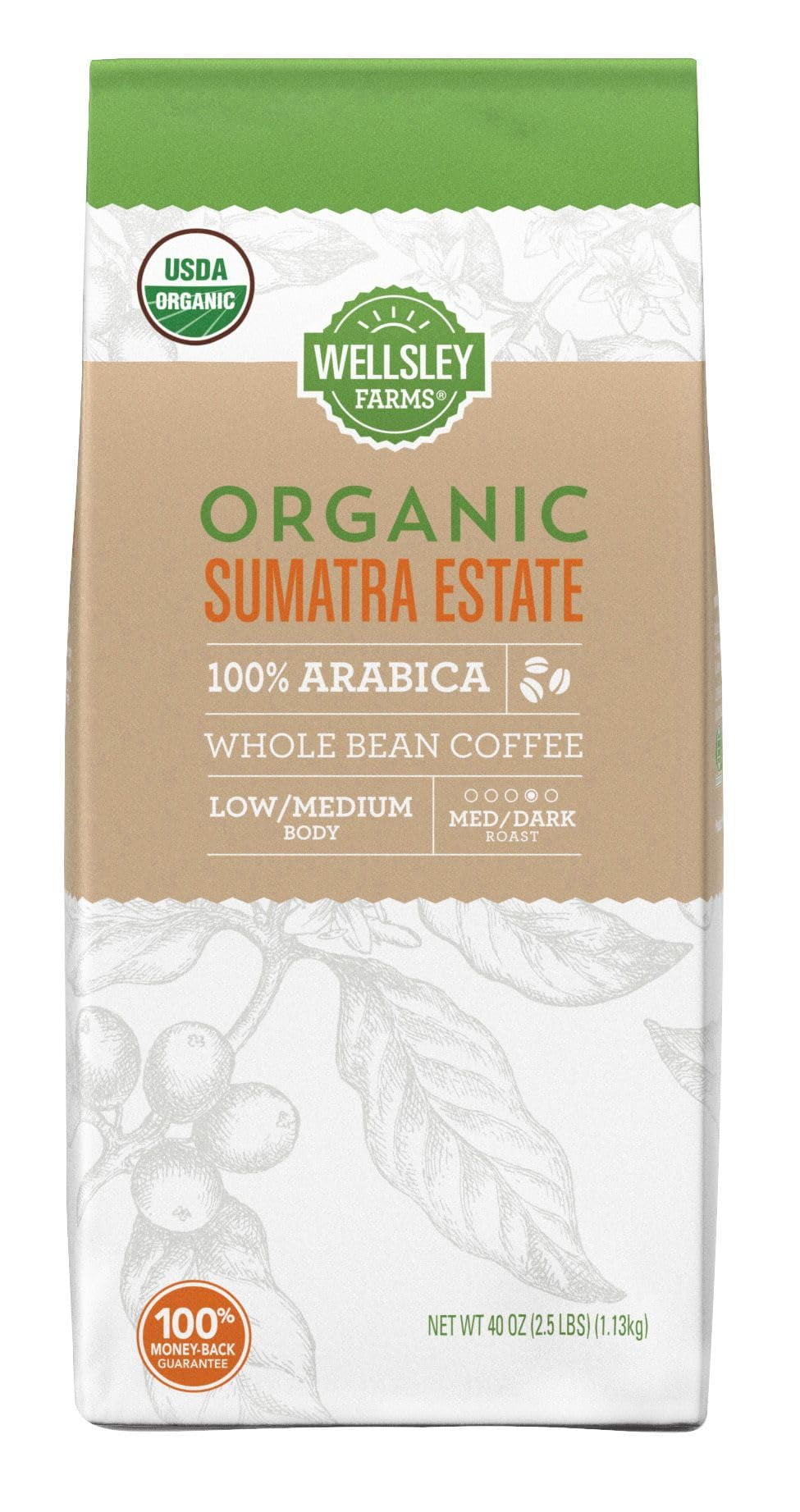 Wellsley Farms Organic Sumatra Estate Whole Bean Coffee, 40 oz ...