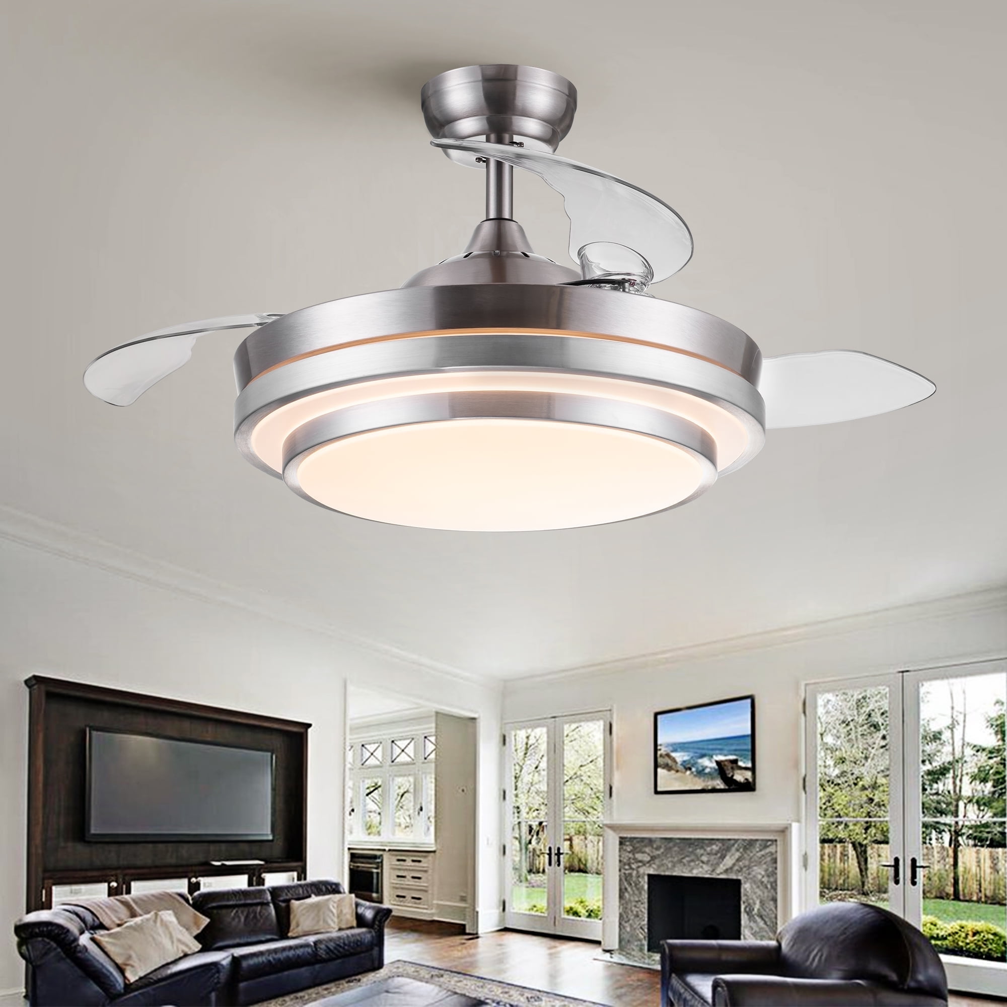 Wellspeed 42 in. Modern Indoor Integrated LED Nickel Retractable Blades ...