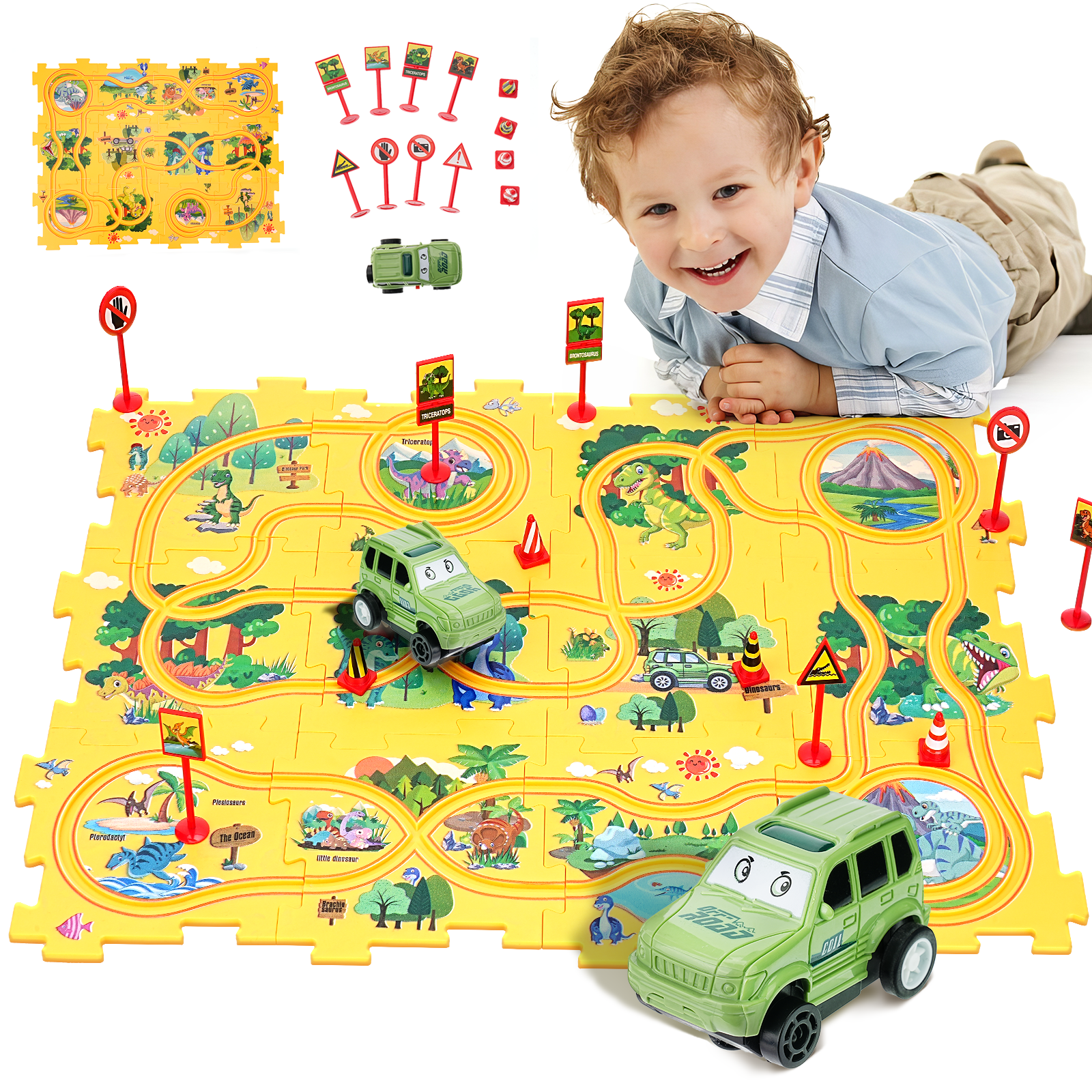 Welltop 25 PCS Kids Puzzle Track Play Set w/ Cute Car, DIY Dinosaur ...