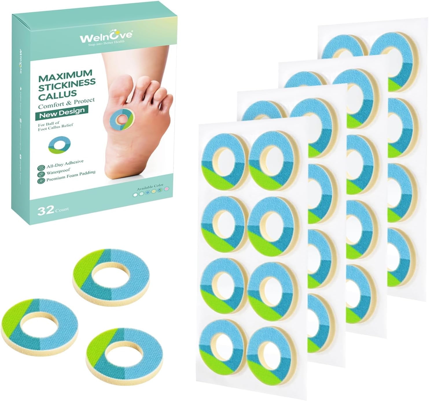 Welnove Colorful Corn Cushions for Toes - 32 Count Callus Cushions with ...