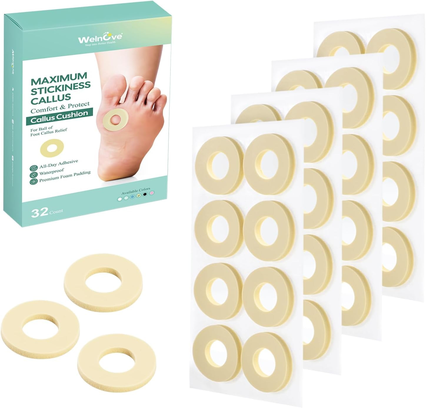 Welnove Corn Cushions for Toes, 32 Count Self-Stick Callus Pads with ...