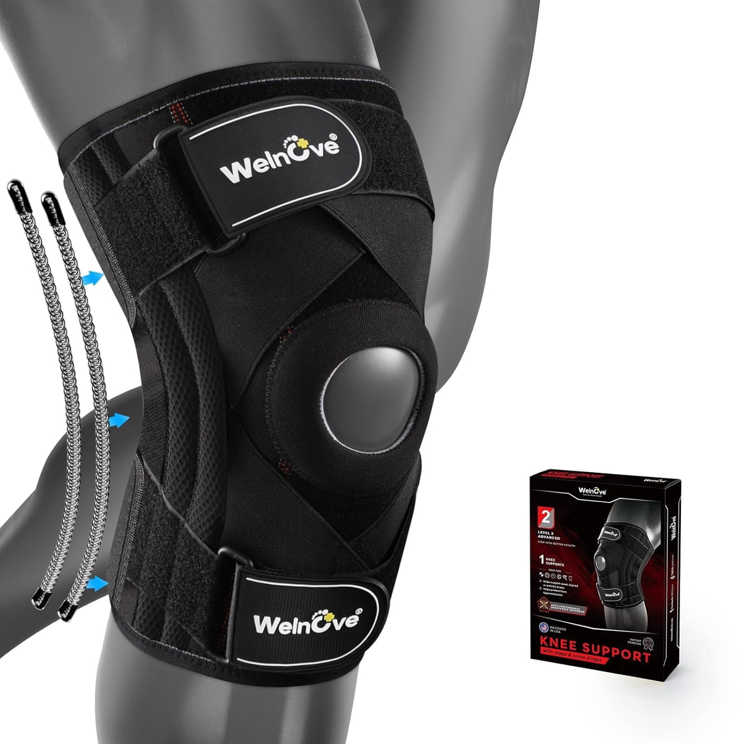 Welnove Knee Brace Support & Compression. Knee Sleeve Cross Straps for ...