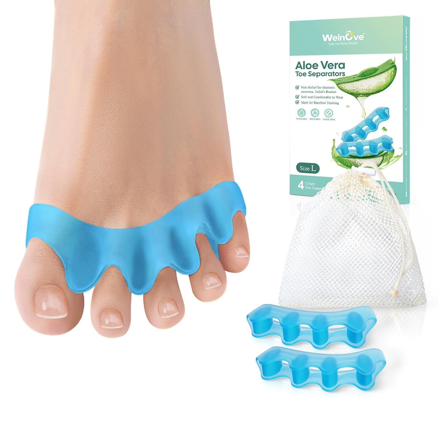 Welnove Toe Separators Bunion Correctors - 4 Pcs Gel Toe Spacers Aloe ...