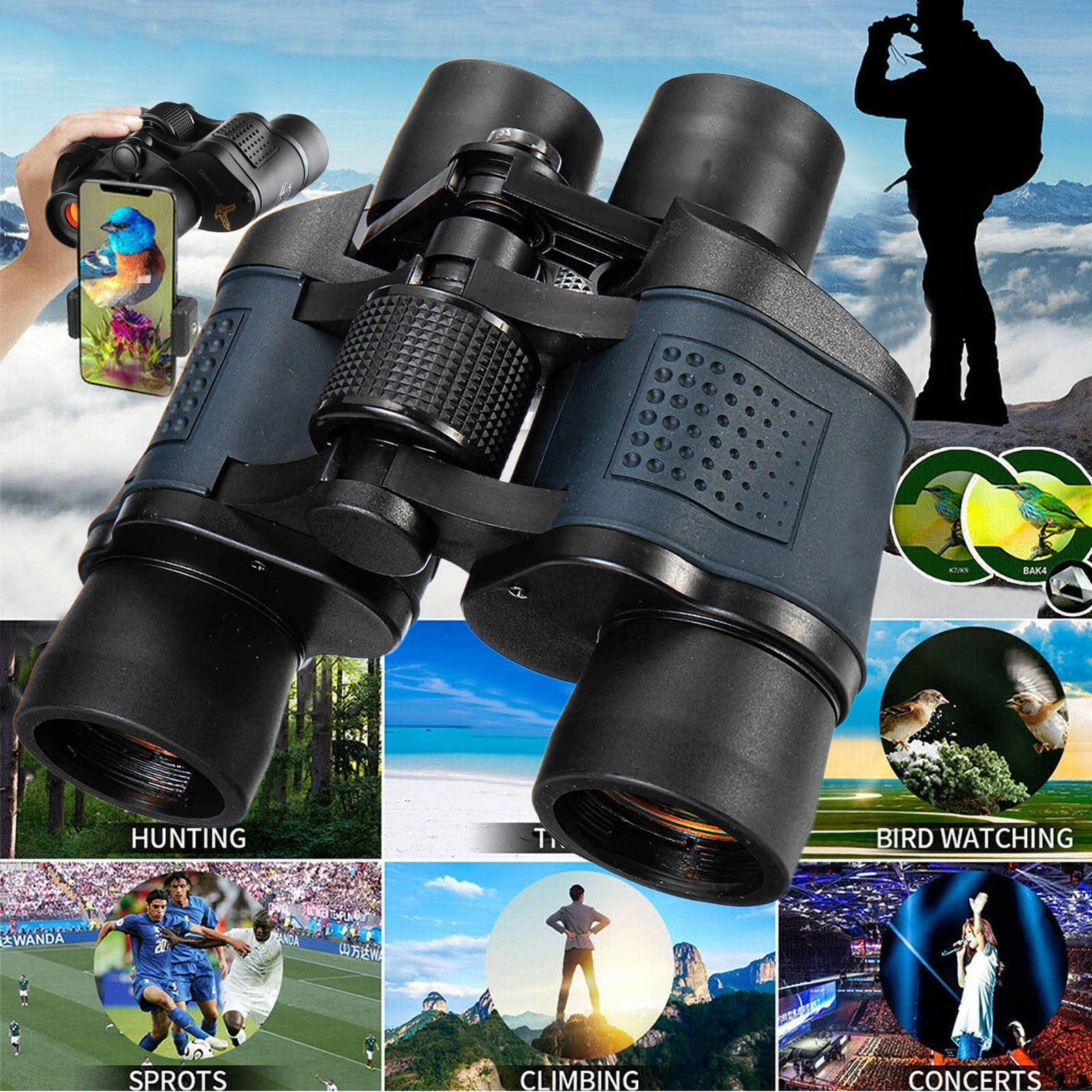 Weloille 60X60 High Power Military Zoom Binoculars for Adults, Low Light Night Vision/Daily ...