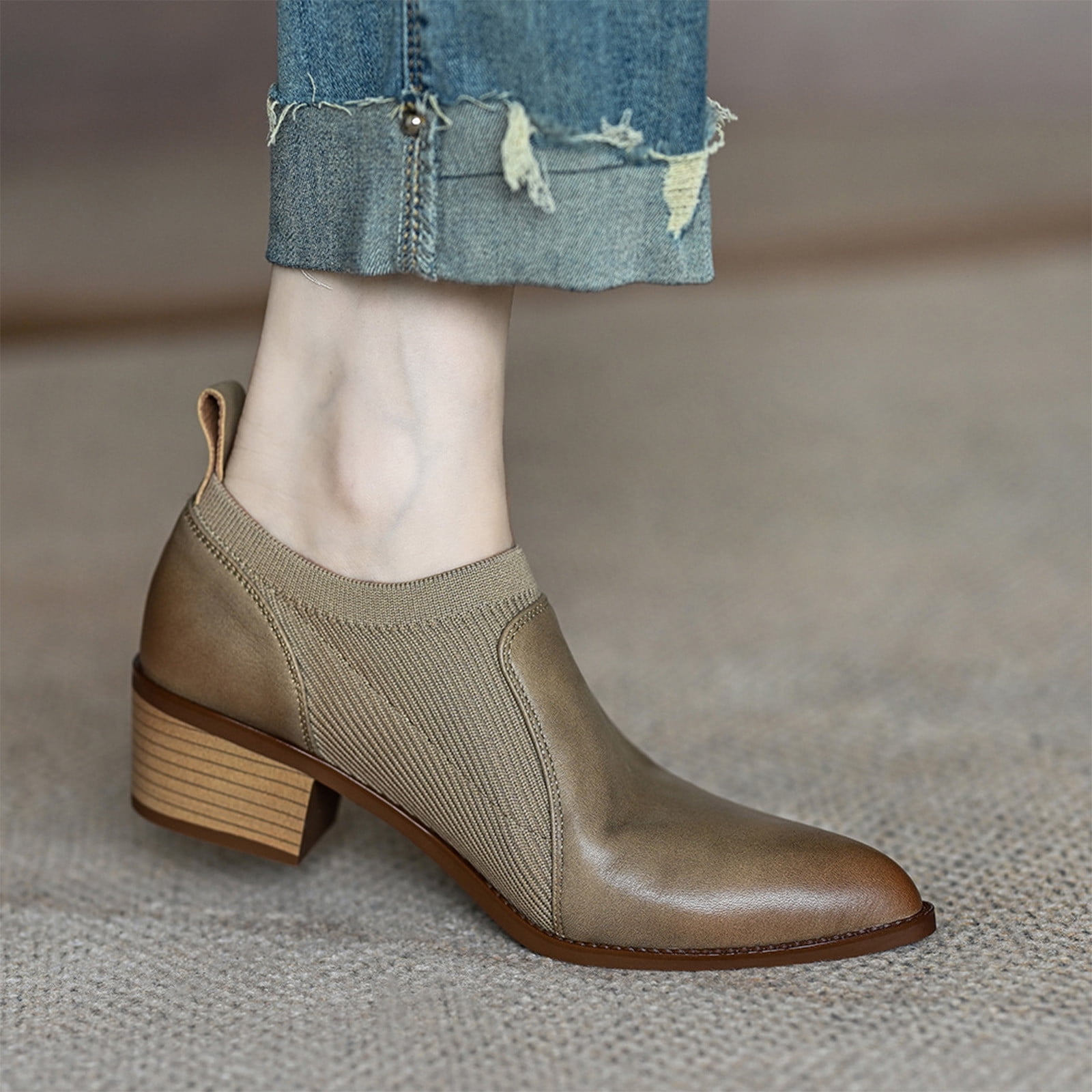 Weloille Chunky Heel Single Shoes Women Work Pointed Splicing Middle ...