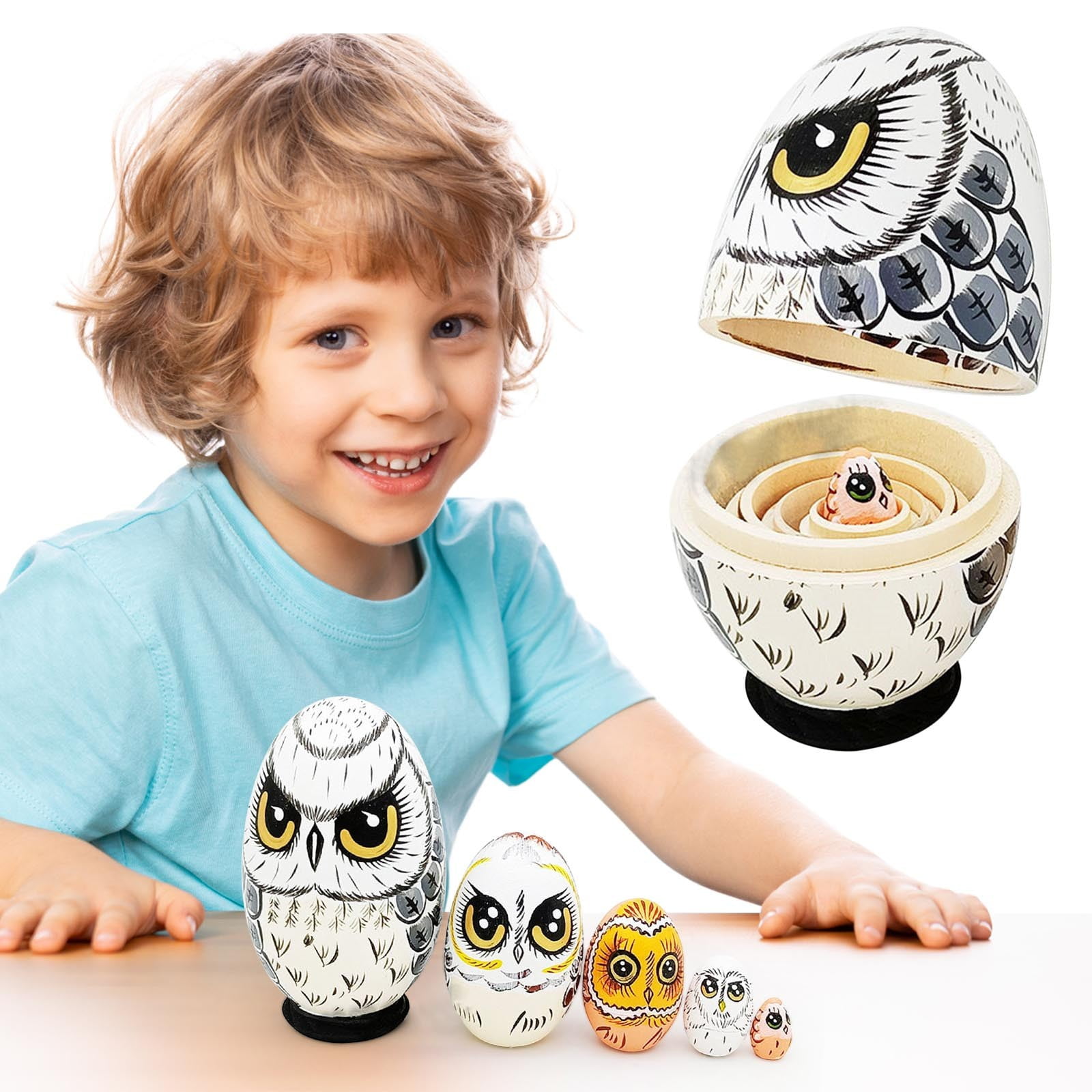 Weloille 5-Layer Eggs Shaped Owl Russian Set Doll Puzzle Wooden Toy ...