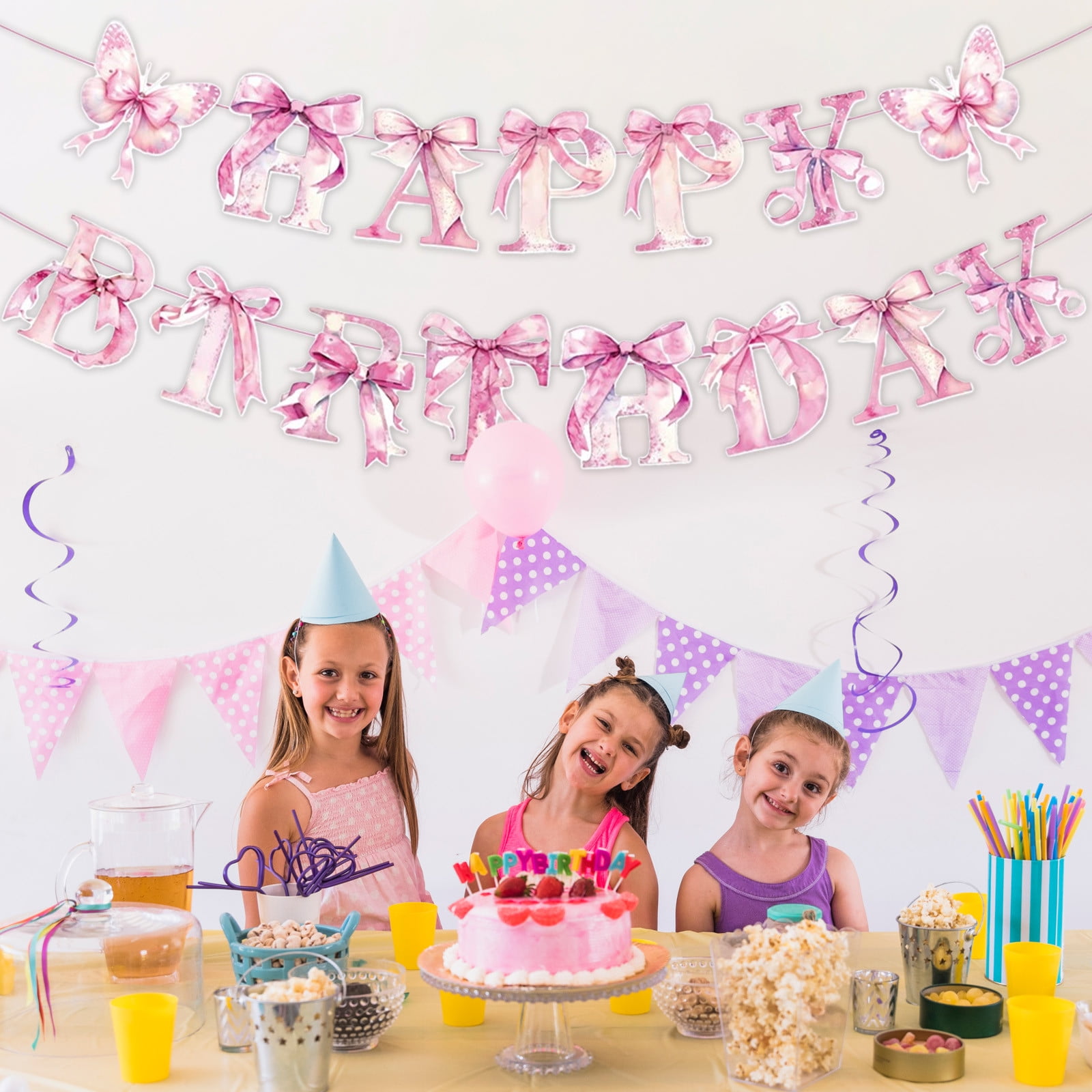 Weloille Bow Birthday Party Decorations, Pink Bow Birthday Banner Bow ...