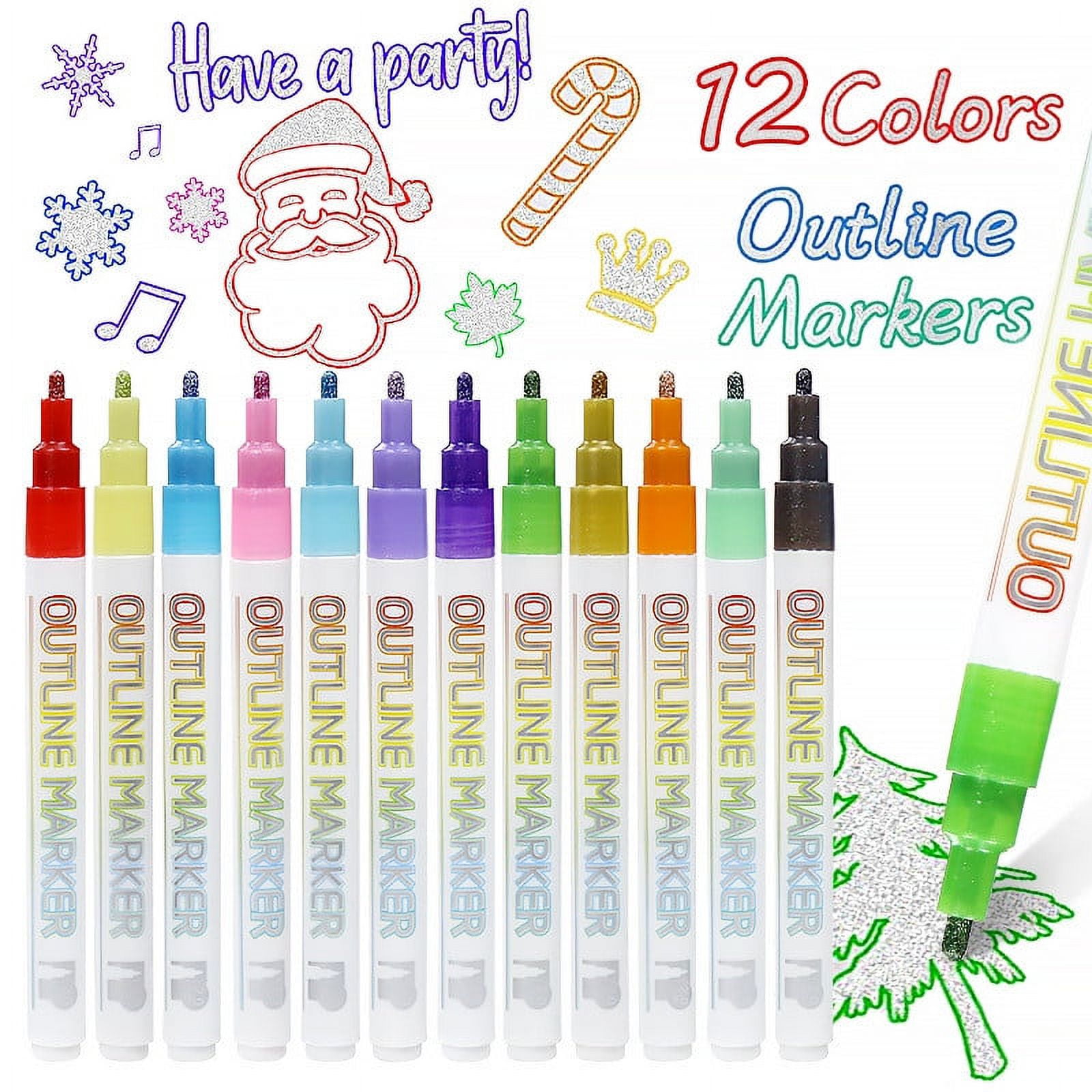 Weloille Double Line Outline Pens, 12 Colors Self-outline Metallic ...