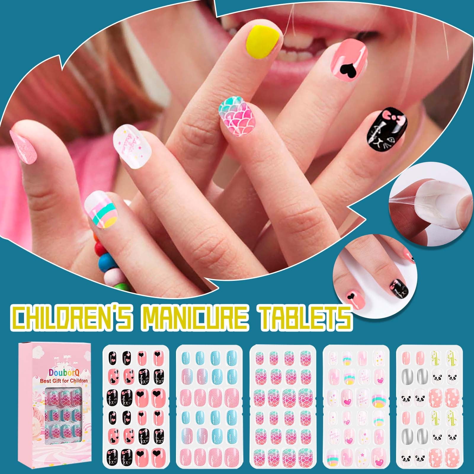 Weloille DouborQ 120 pcs Little Girls Pre-glue Press on Nail Tips ...