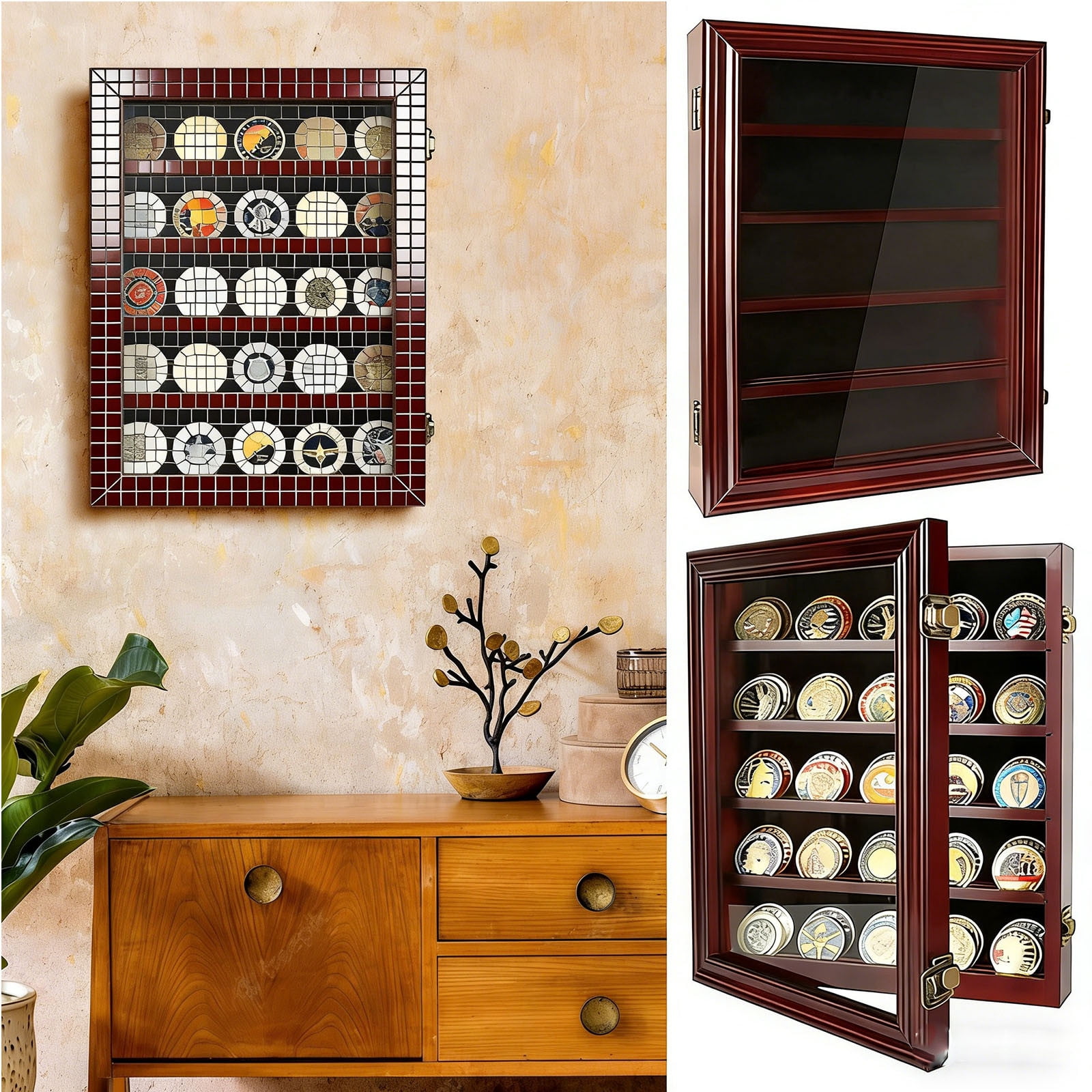 Weloille Medal Display Case Wooden Wall Mount with Toughened Glass Door ...