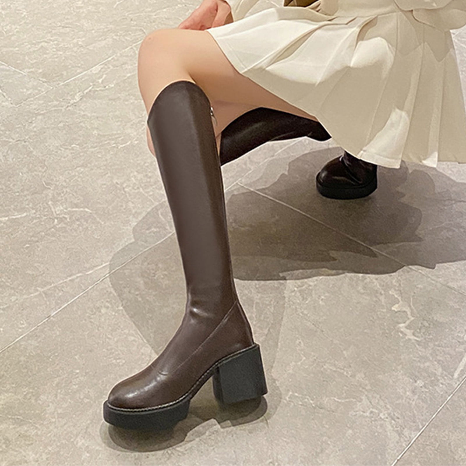 Weloille Middle Heel Boots Thick Heel But Knee-high Boots Boots Skinny ...