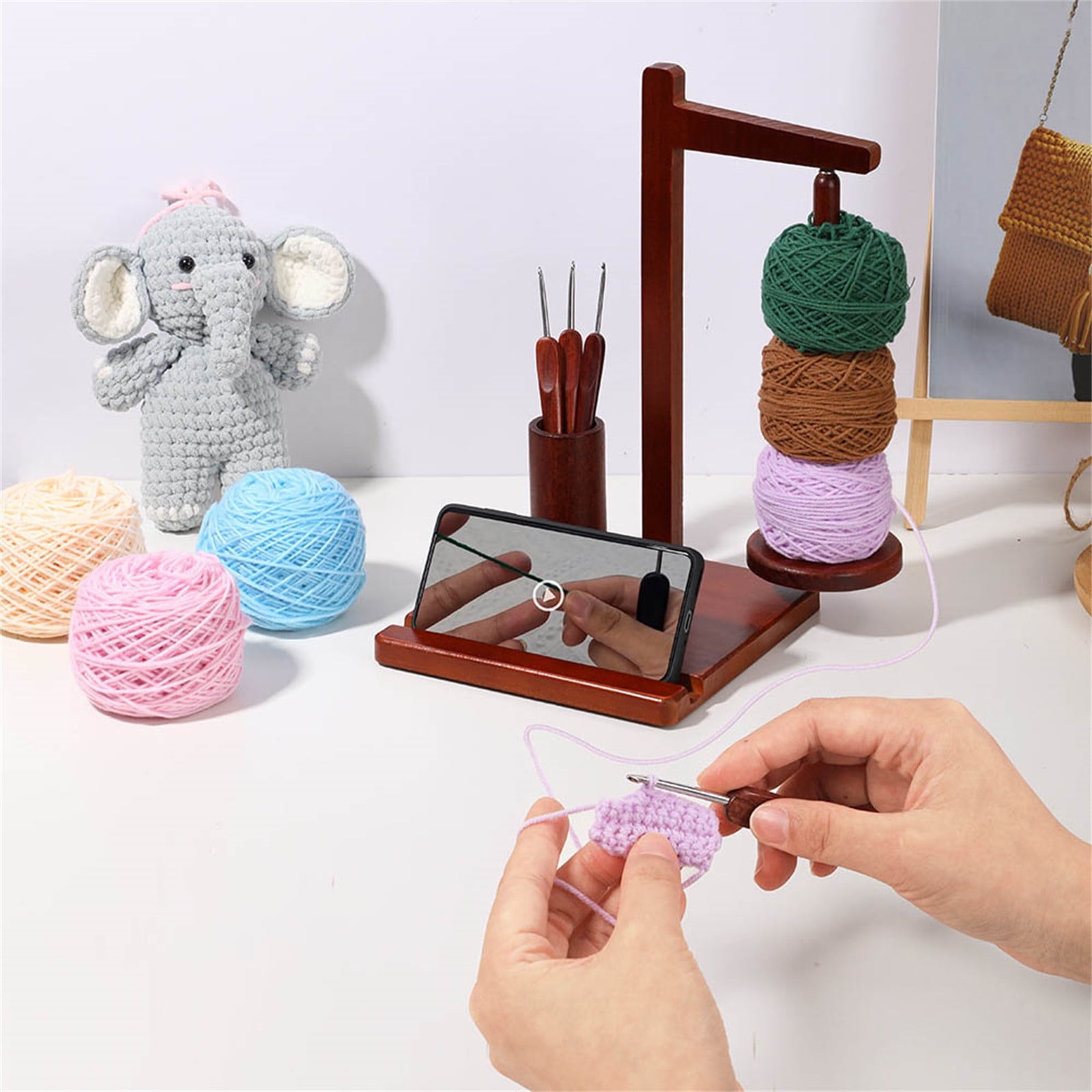 Weloille Yarn Holder for Crocheting Wooden Yarn Rack Stand with Phone ...
