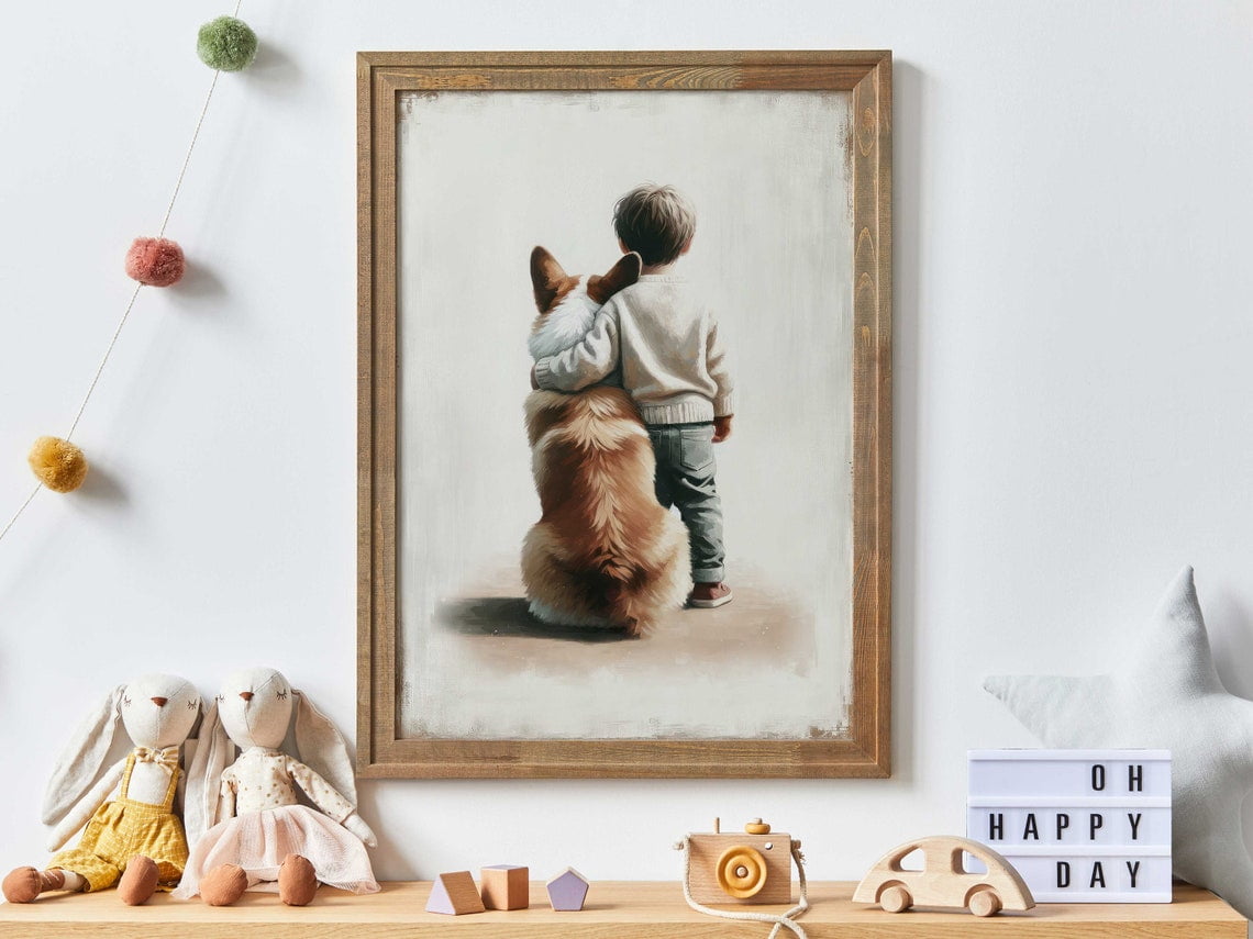 Welsh Corgi Nursery Print, Dog Nursery Decor, Boy And Dog Art, Boys ...